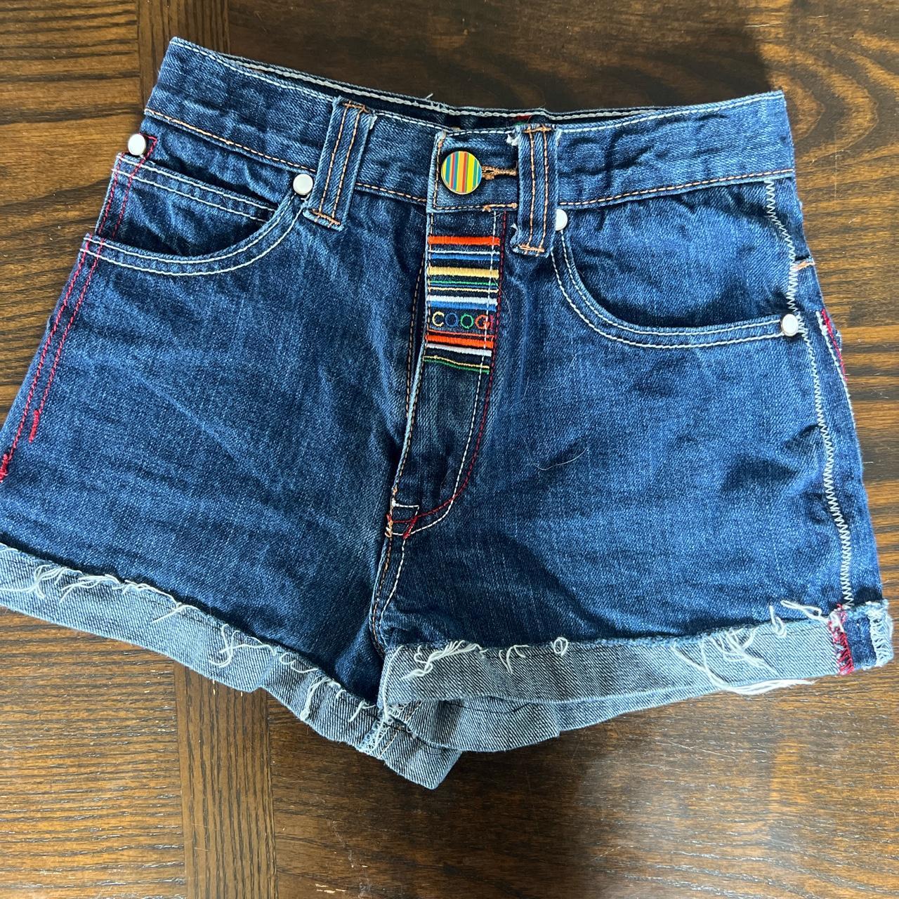 Colorful rainbow embroidered denim shorts! These are... - Depop