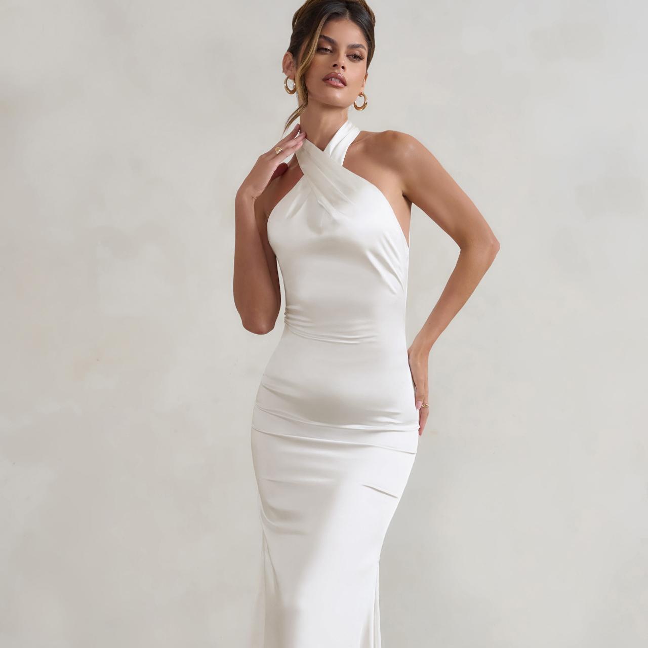 Unstoppable | White Satin Cross Over Halter Neck... - Depop