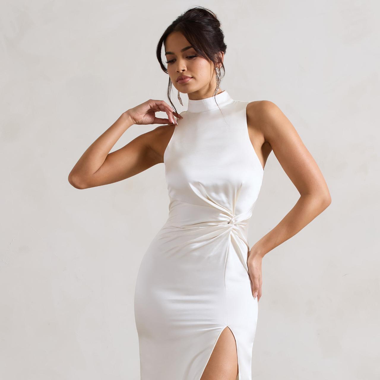 Zoe | Cream Satin Twist Split Maxi Dress With... | Depop