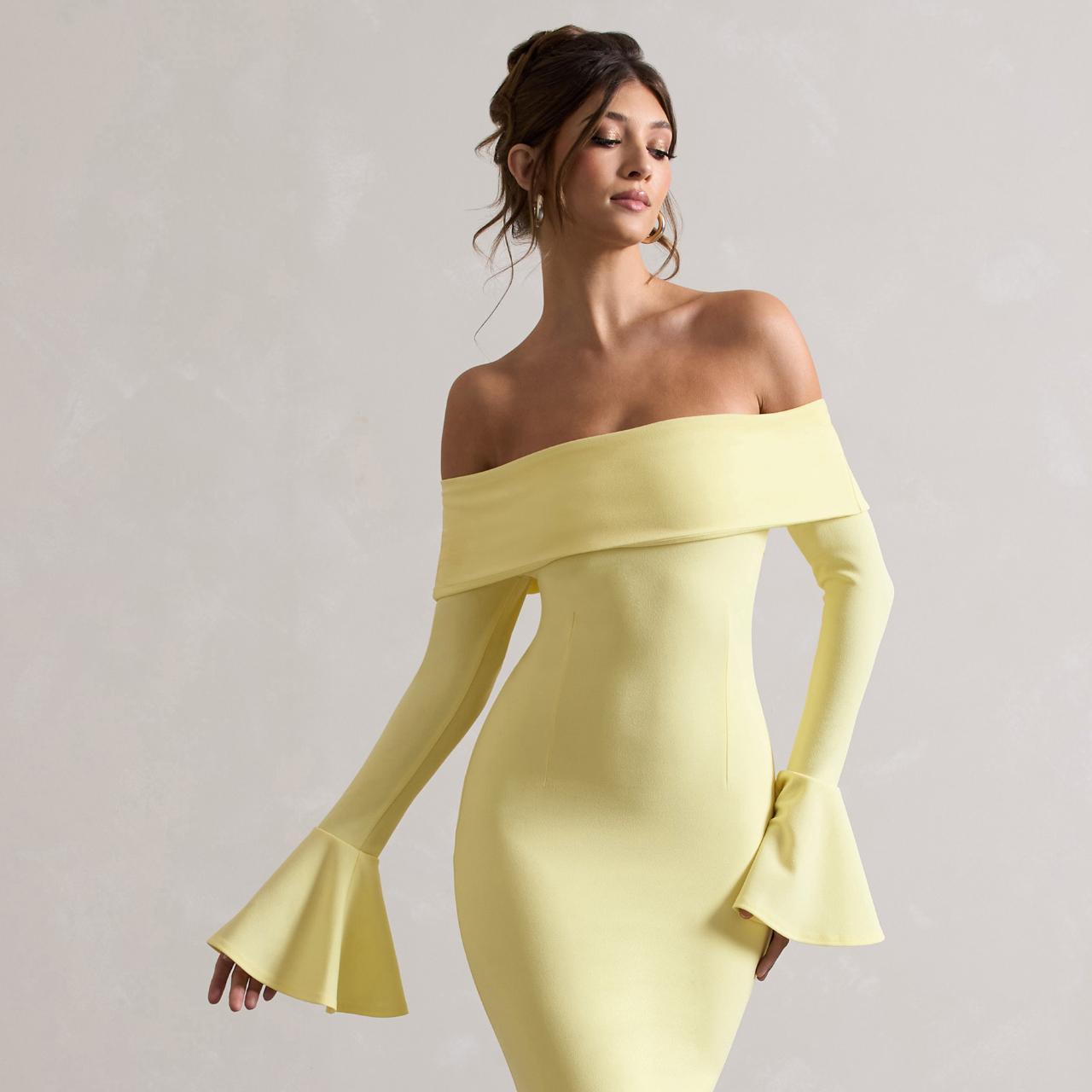 Emma | Lemon Bardot Flared-Sleeve Midi Dress RRP:... - Depop