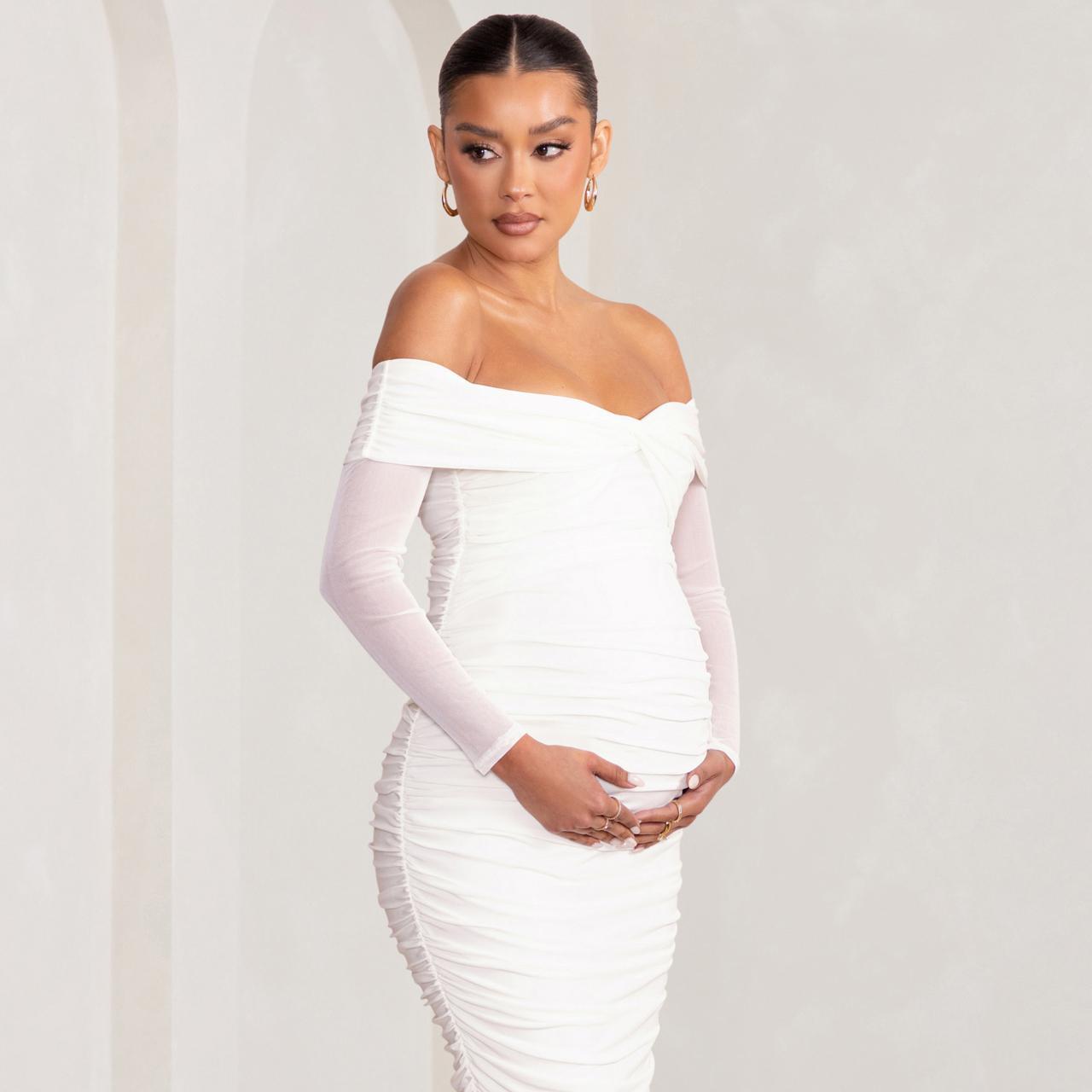 Neva | White Bardot Twist Maternity Midi... | Depop