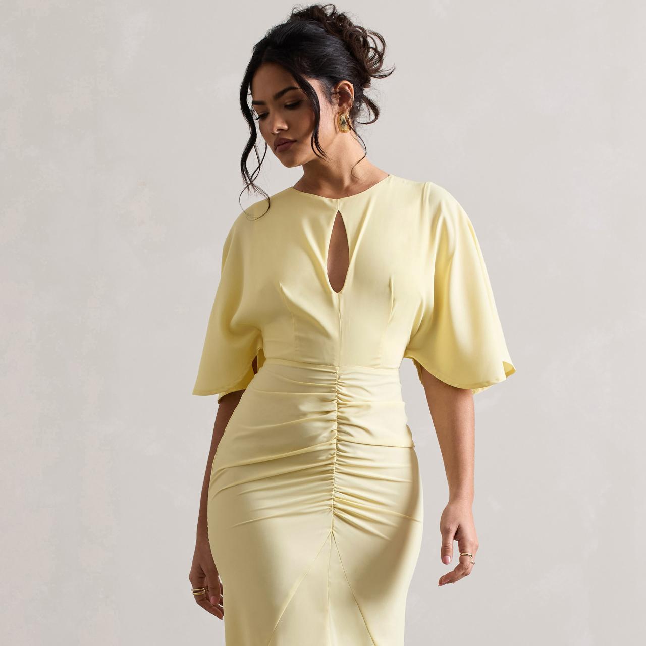 Elidy | Pastel Yellow Ruched Flutter-Sleeve Cut-Out... - Depop