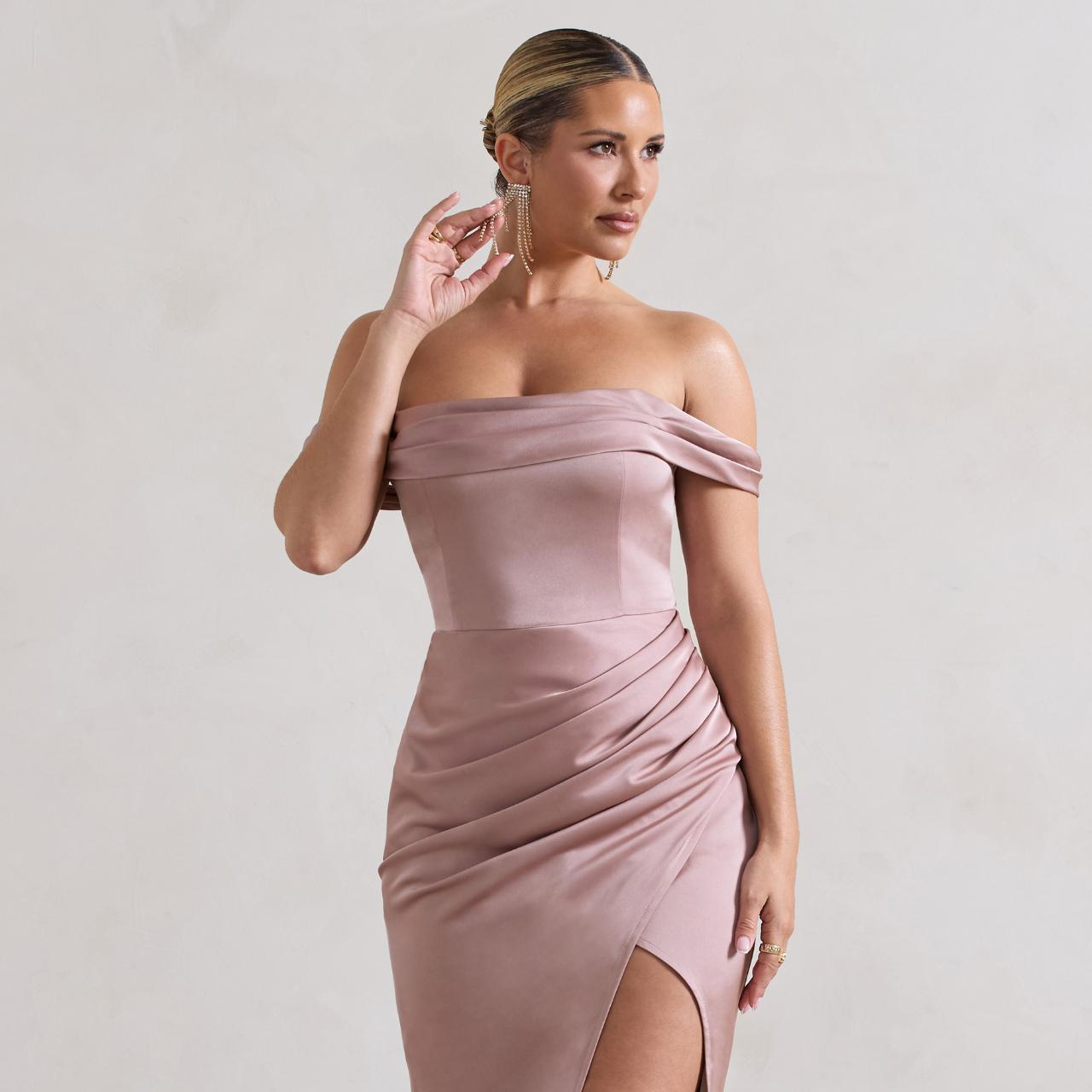 Katia Blush Pink Satin Bardot Fishtail Maxi