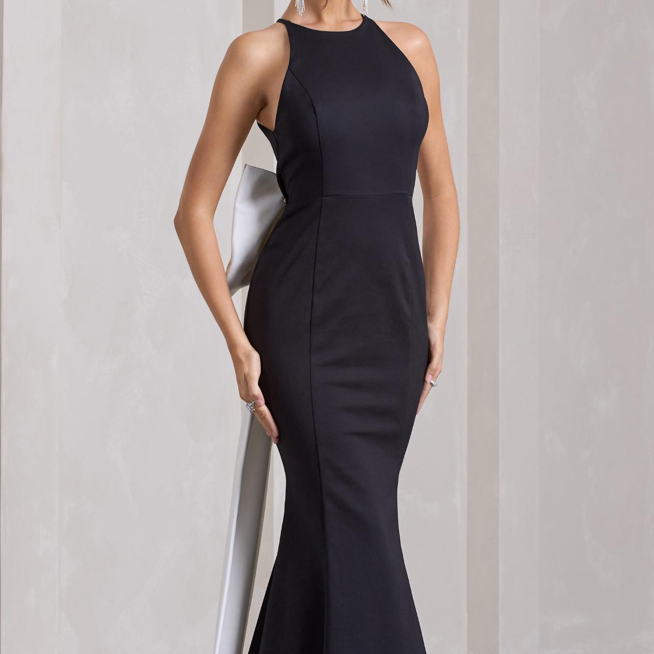 Bestow | Black Open-Back Maxi Dress With Oversized... - Depop