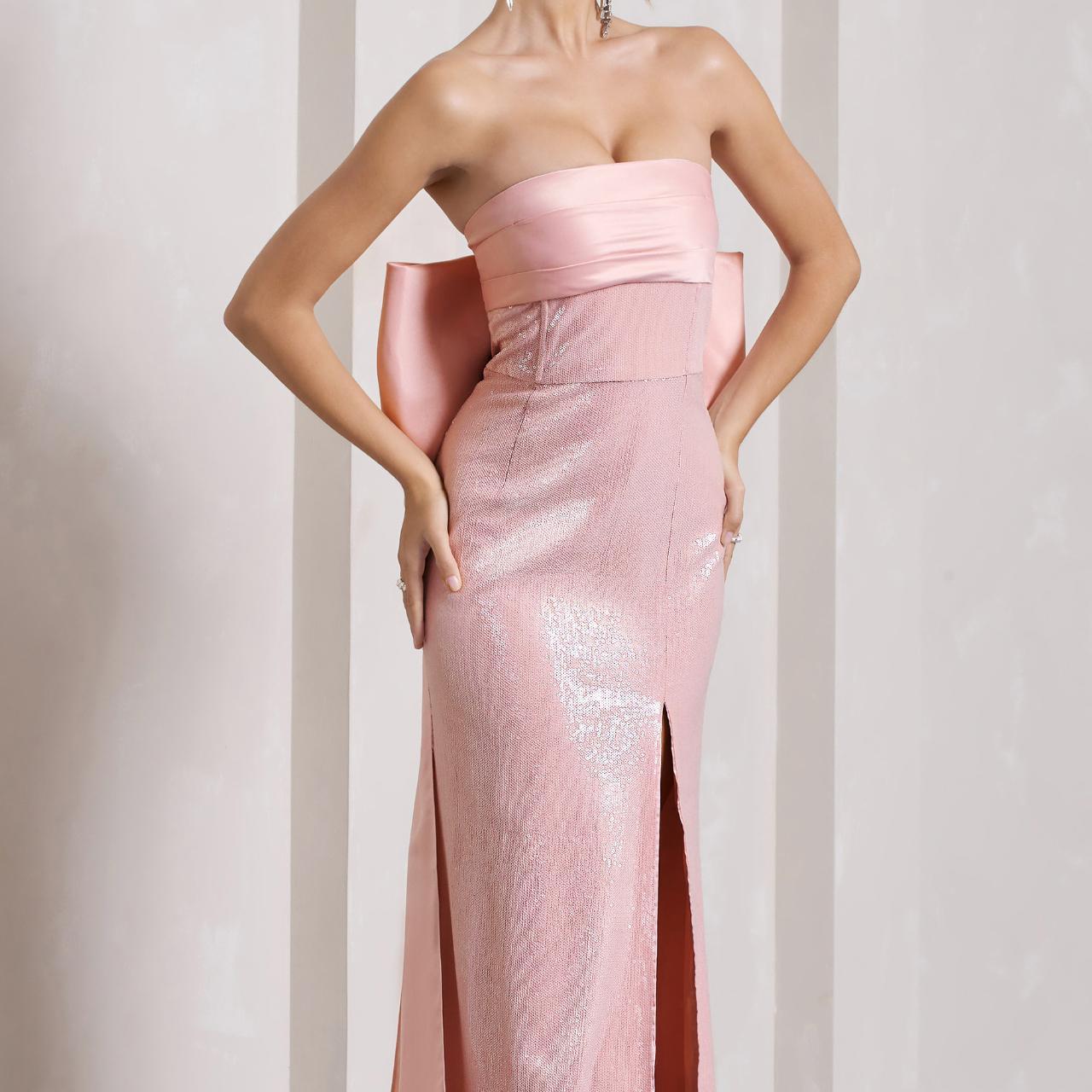 To You | Pink Sequin Bandeau Split Maxi Dress With... - Depop