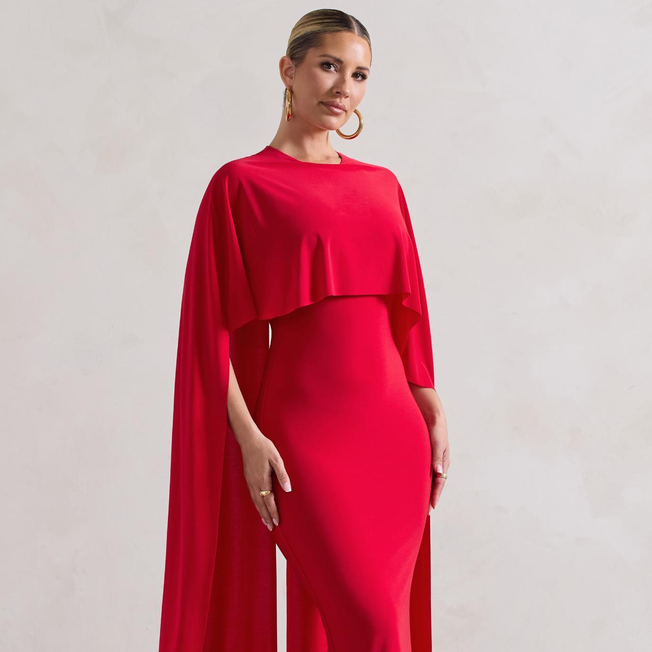 Camellia | Red Midi Dress With High-Low Cape RRP... | Depop