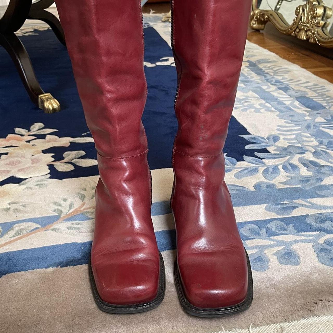 vintage square toe knee high burgundy leather... - Depop