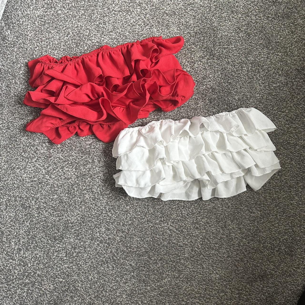 Two ruffle crop tops one red one white size 4/6 worn... - Depop