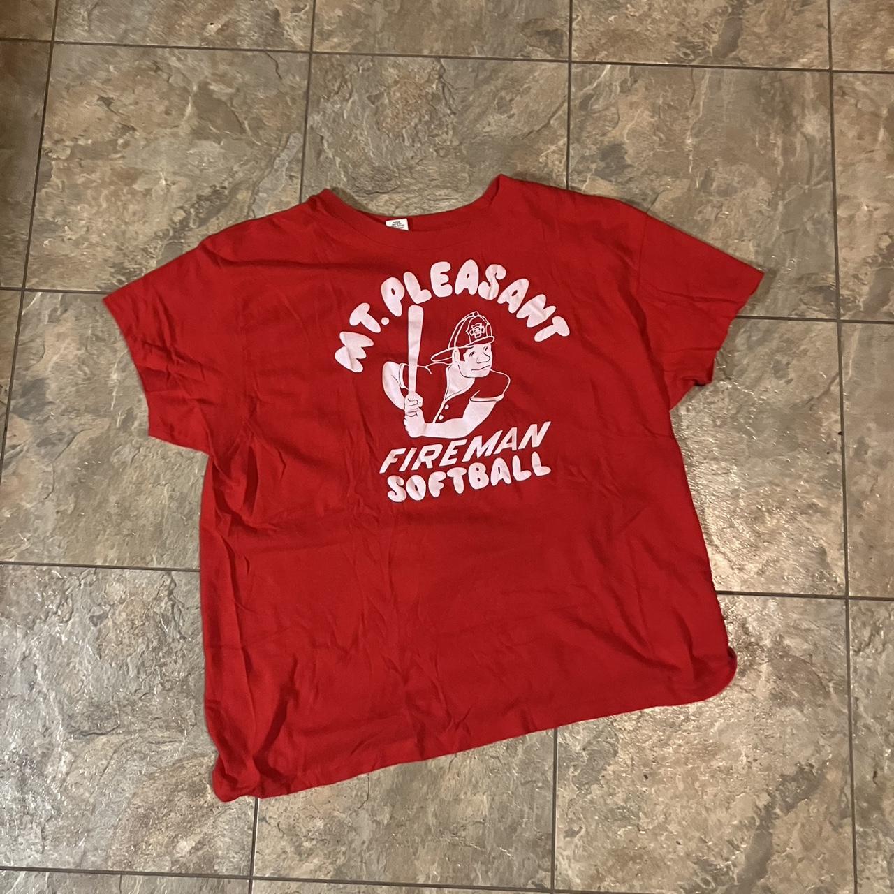 Red and white 70s Hanes tee with a sick fireman’s... - Depop