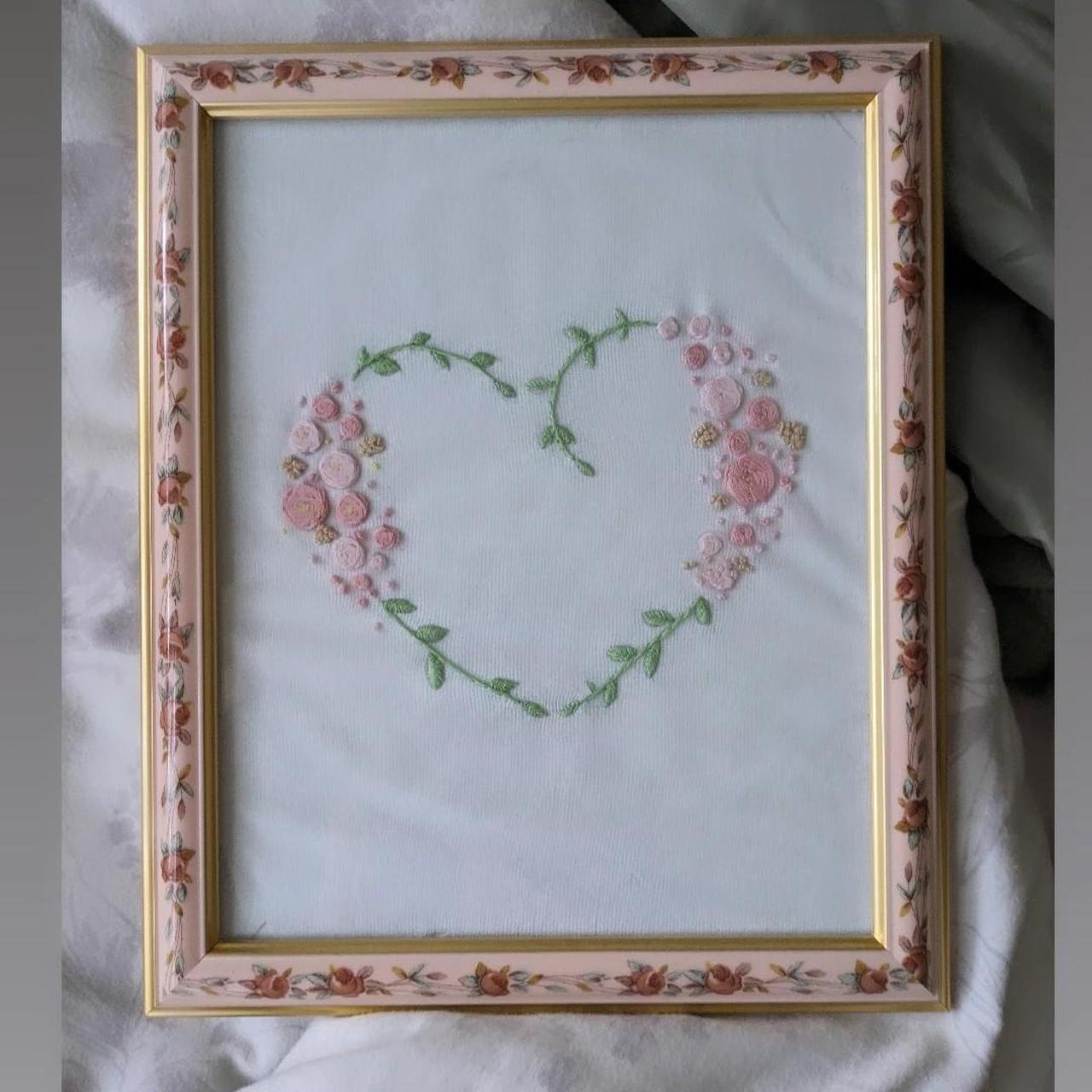 Hand embroidered rose heart design in vintage... - Depop