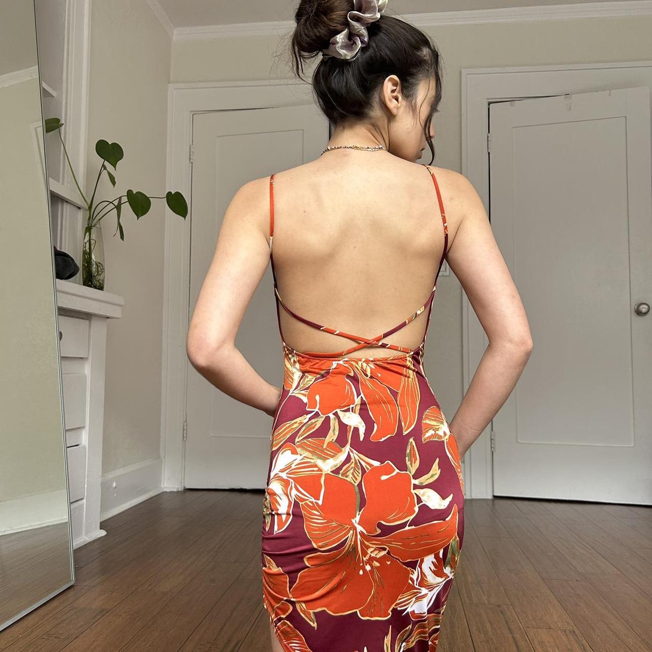 Y2K asymmetrical Hawaiian tropical print orange... - Depop