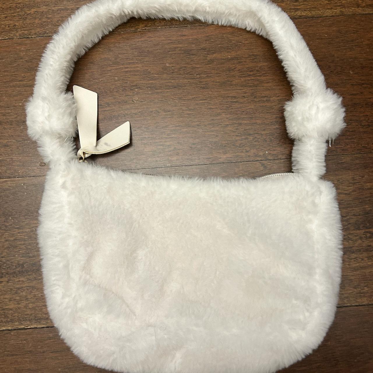 fluffy white mini bag/tote/handbag with beige bow... | Depop