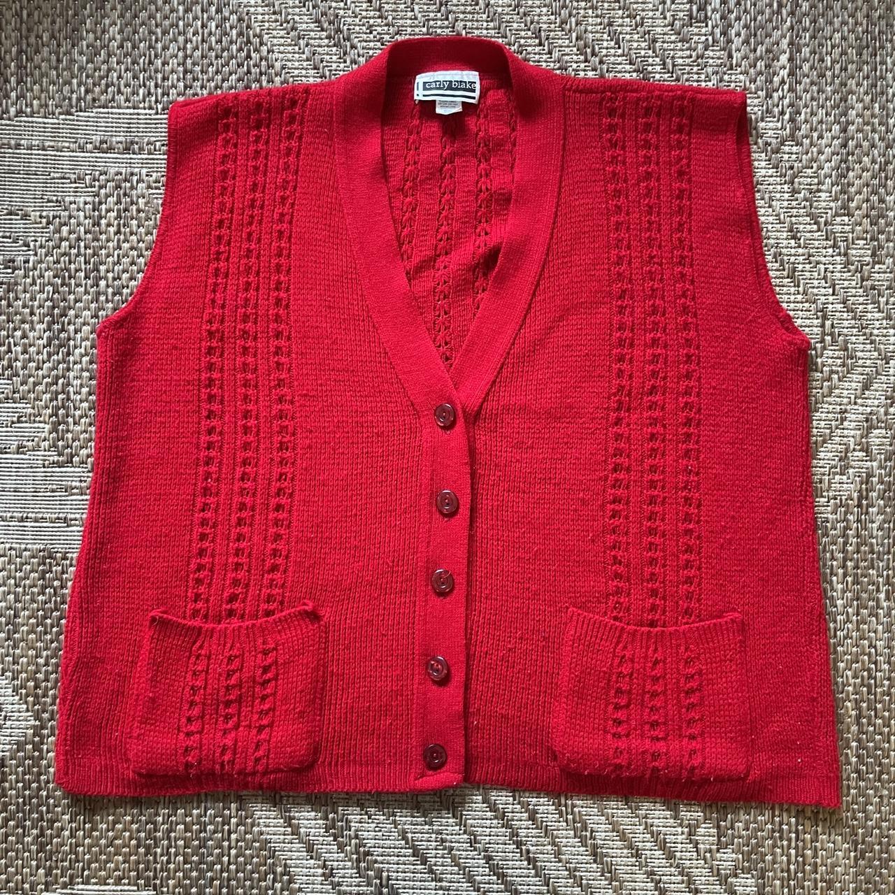 Vintage Red Knit Button-up Vest Size: L Pit:... - Depop