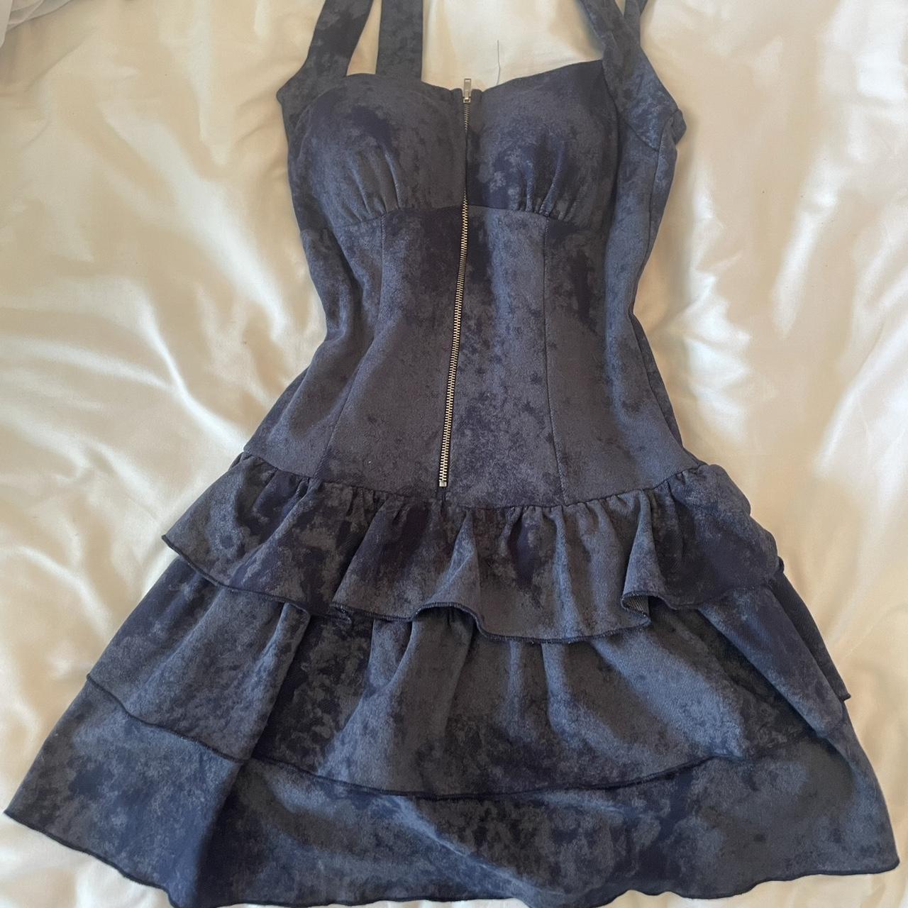 navy velvet y2k ruffle dress no size but fits like... - Depop