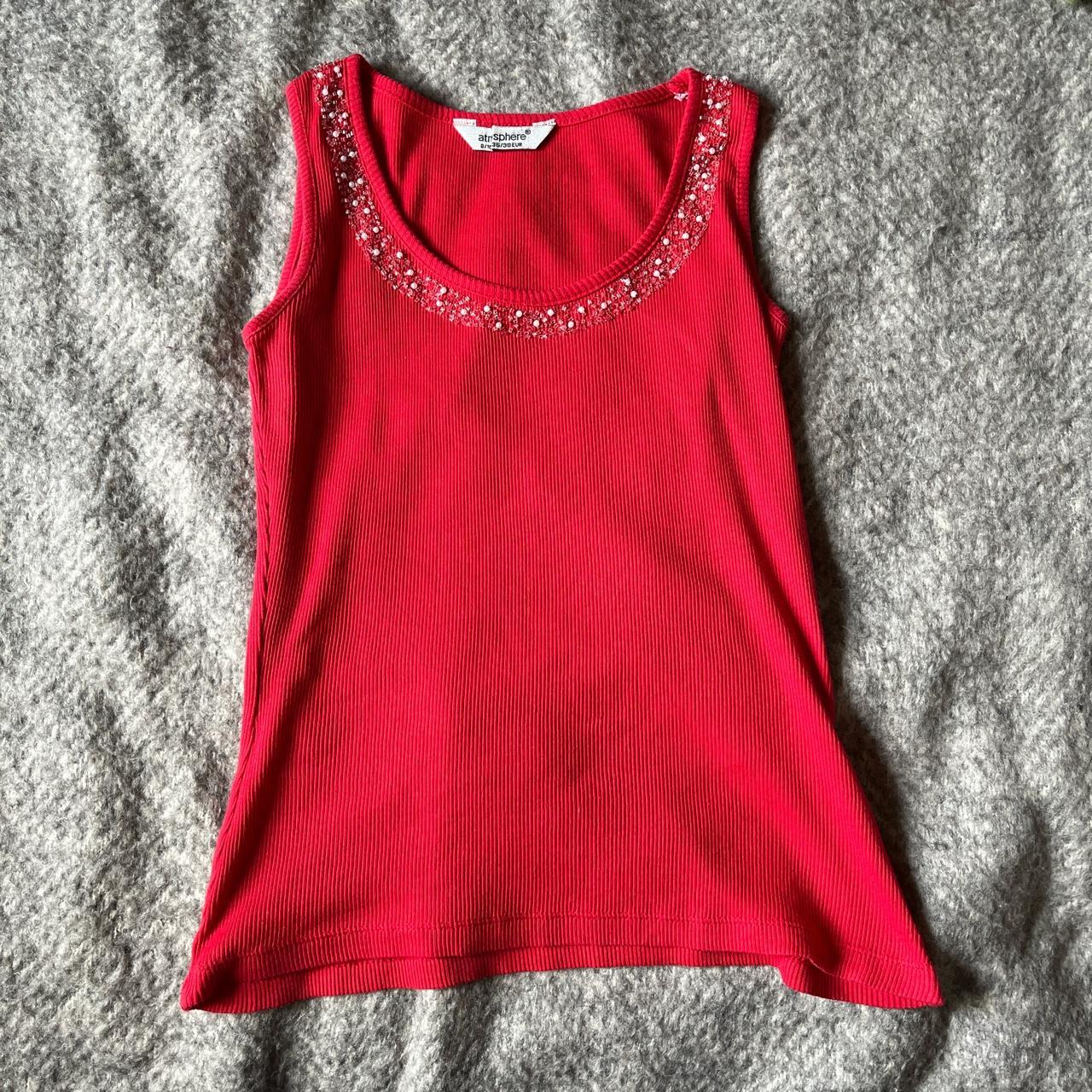 Vintage red ribbed vest top with beaded detailing on... - Depop
