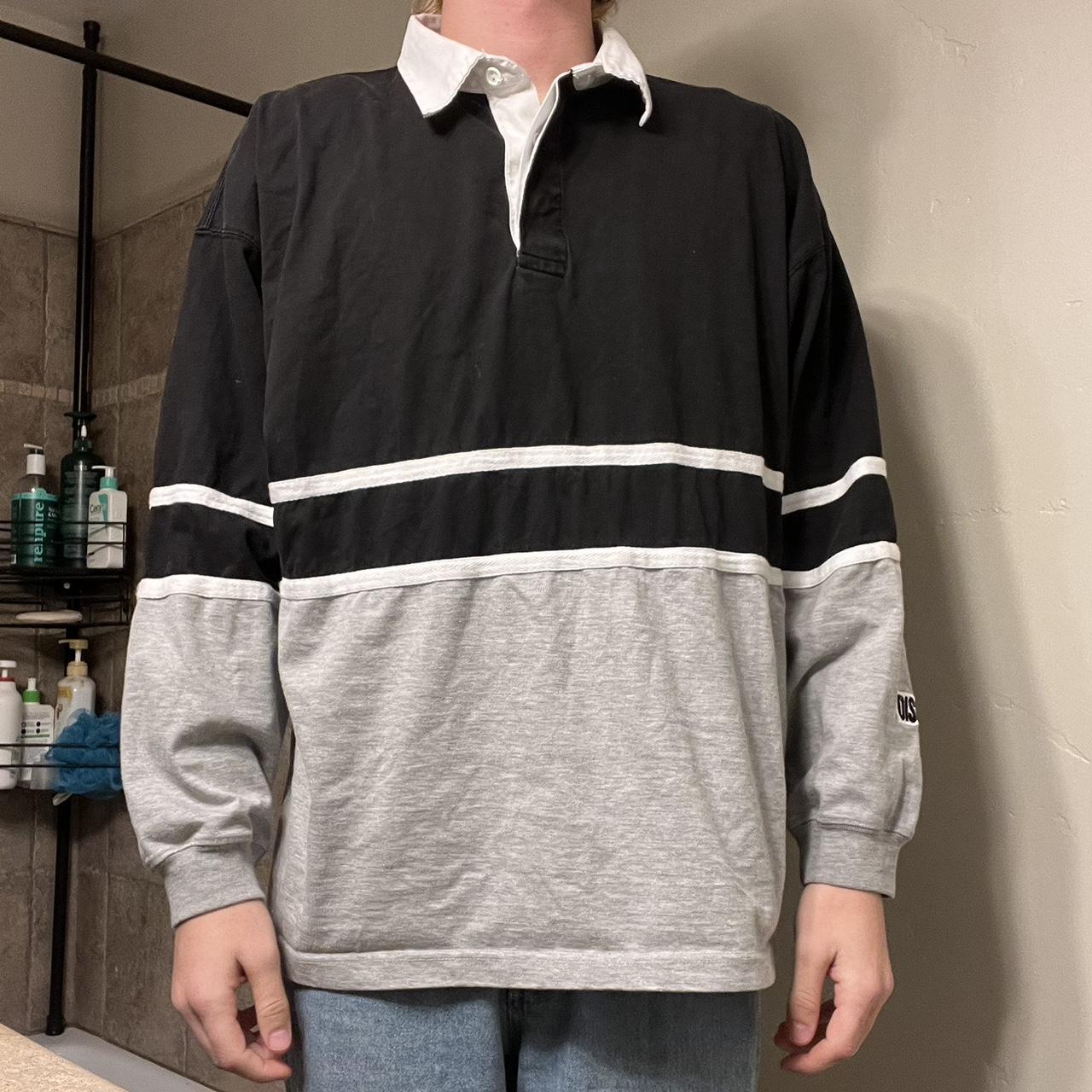 Black and grey striped long sleeve polo shirt - Depop