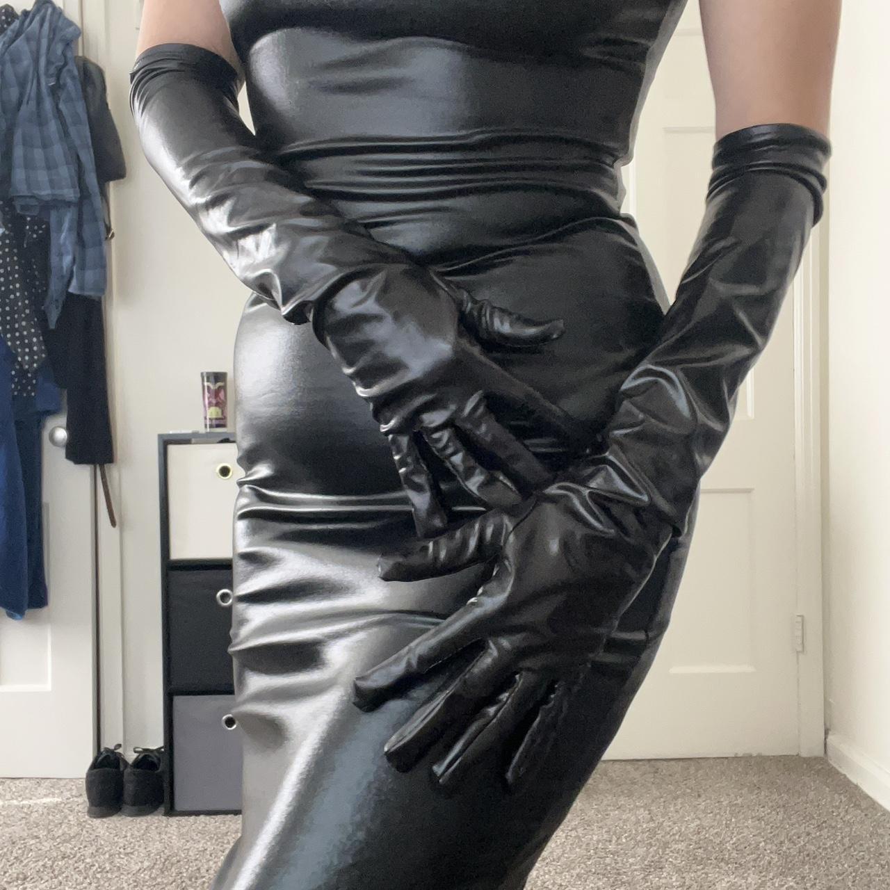 Latex Look Bodycon Dress with Gloves Size M Dress... - Depop