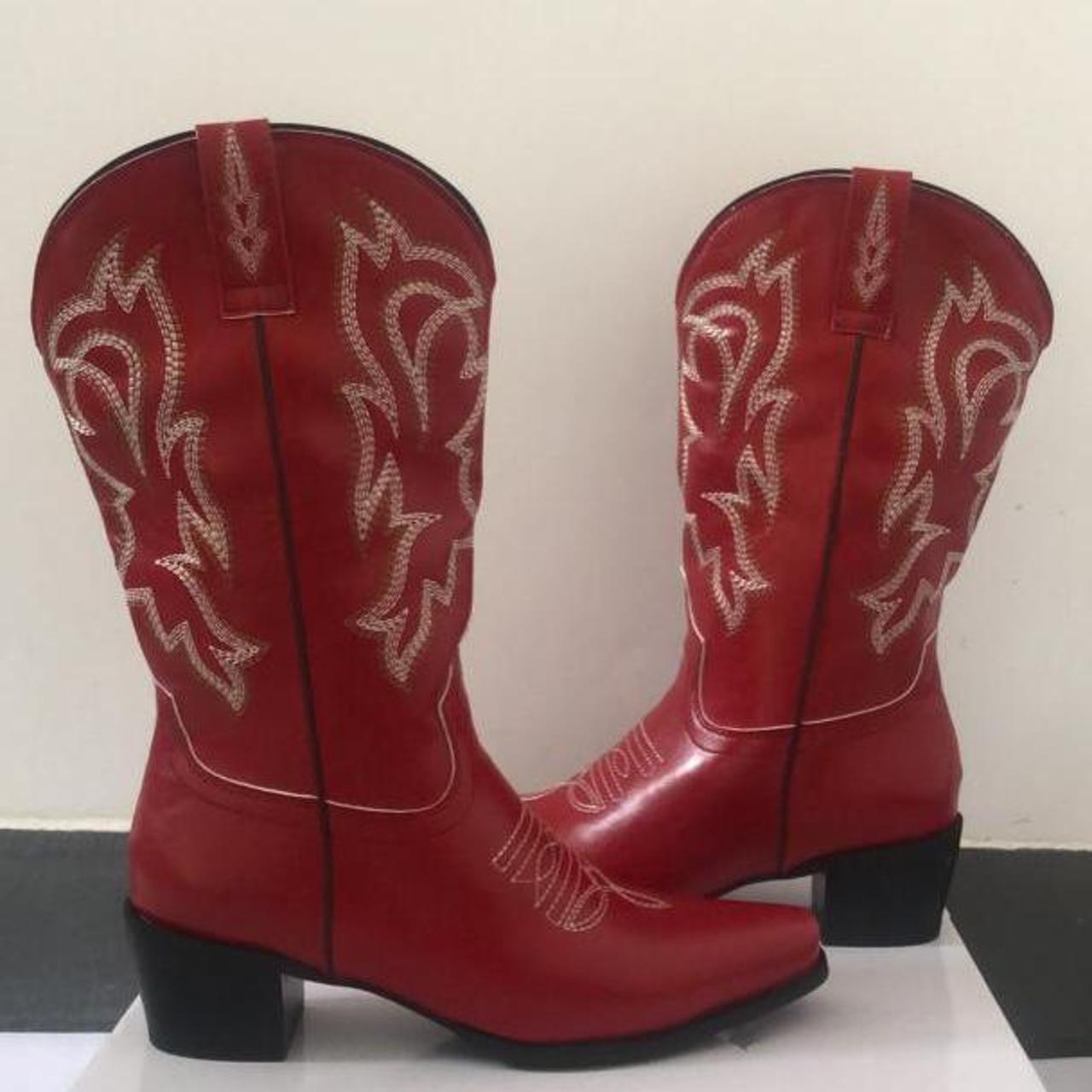 Beautiful red cowboy boots with white... - Depop