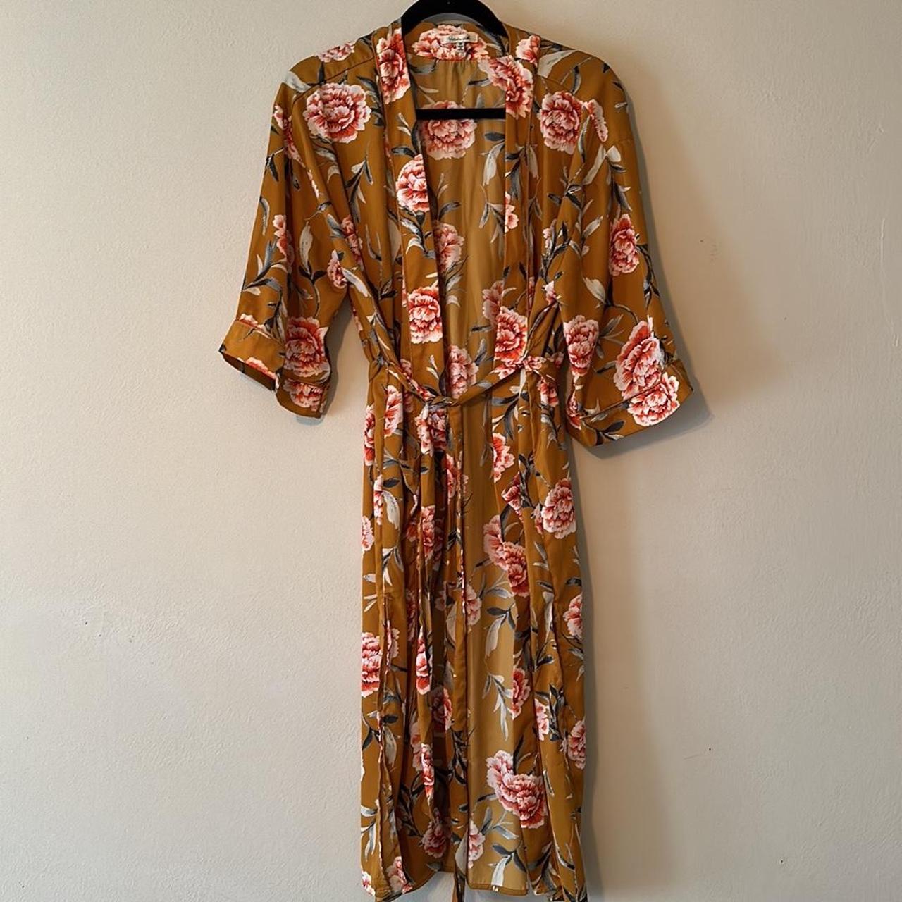 Ochre Floral Satin Robe with quarter length sleeves... - Depop