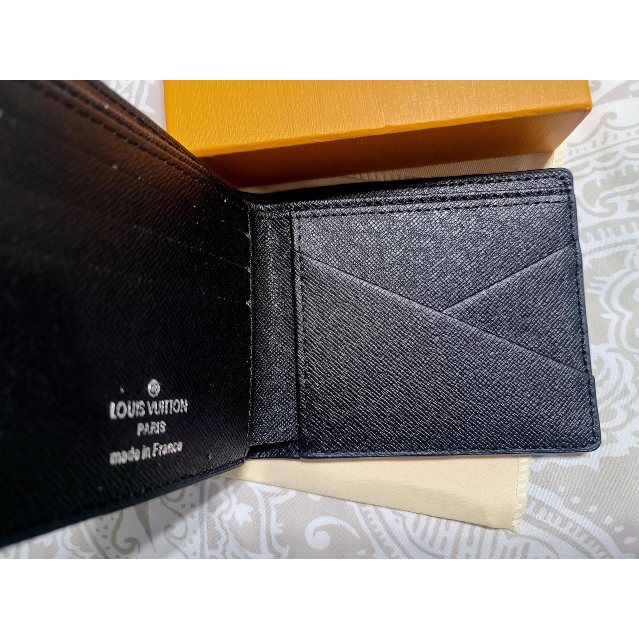 Black Leather Monogram Multiple Fold Wallet Bi-Fold... | Depop