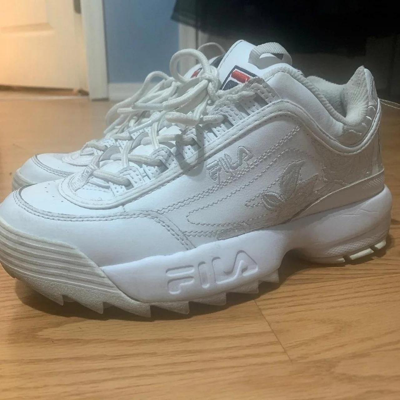 white floral embroidered fila disruptors - size 7,... - Depop
