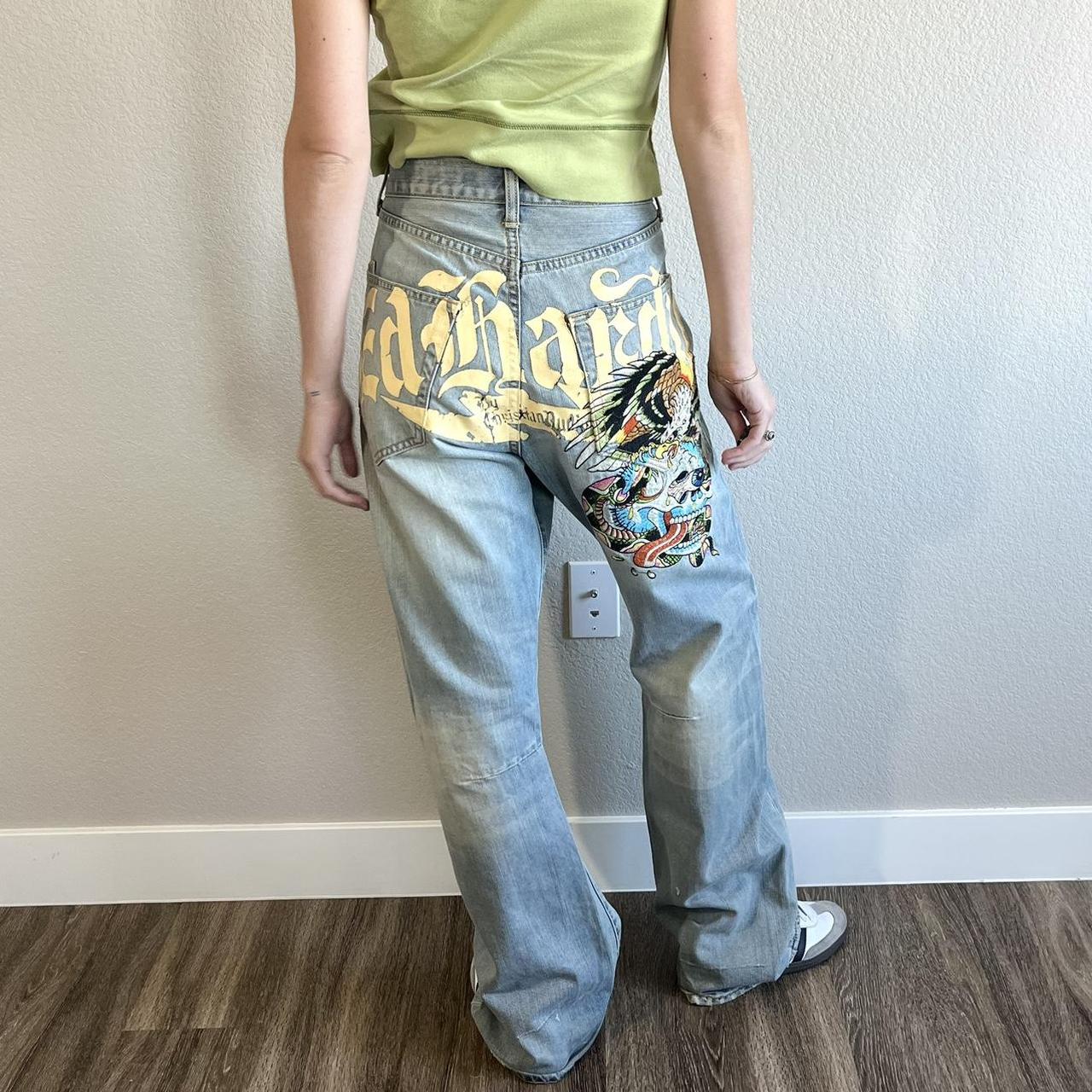 Y2K ED HARDY LIGHT DENIM JEANS True early 2000s Ed... - Depop