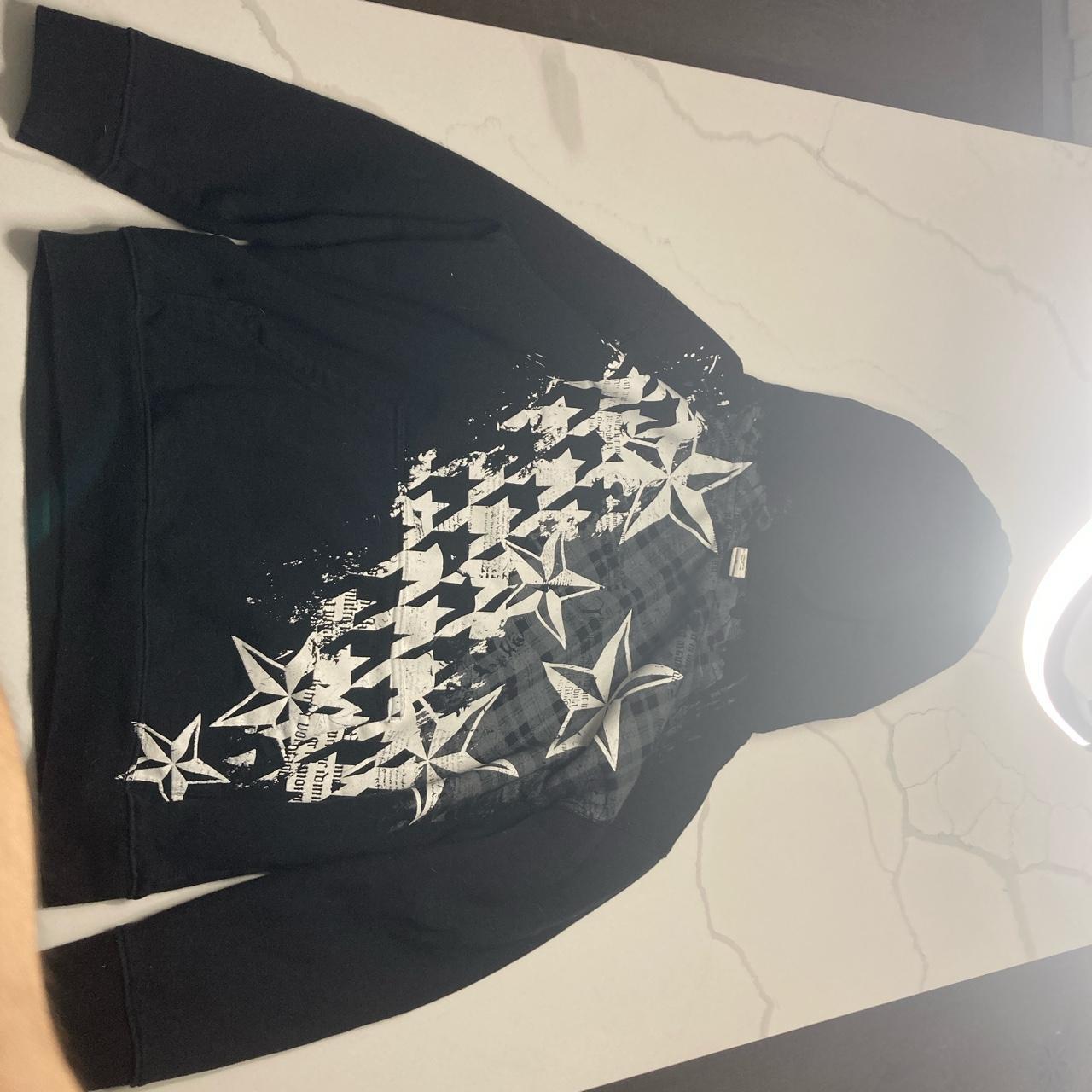 y2k emo style hoodie print not real affliction js... - Depop