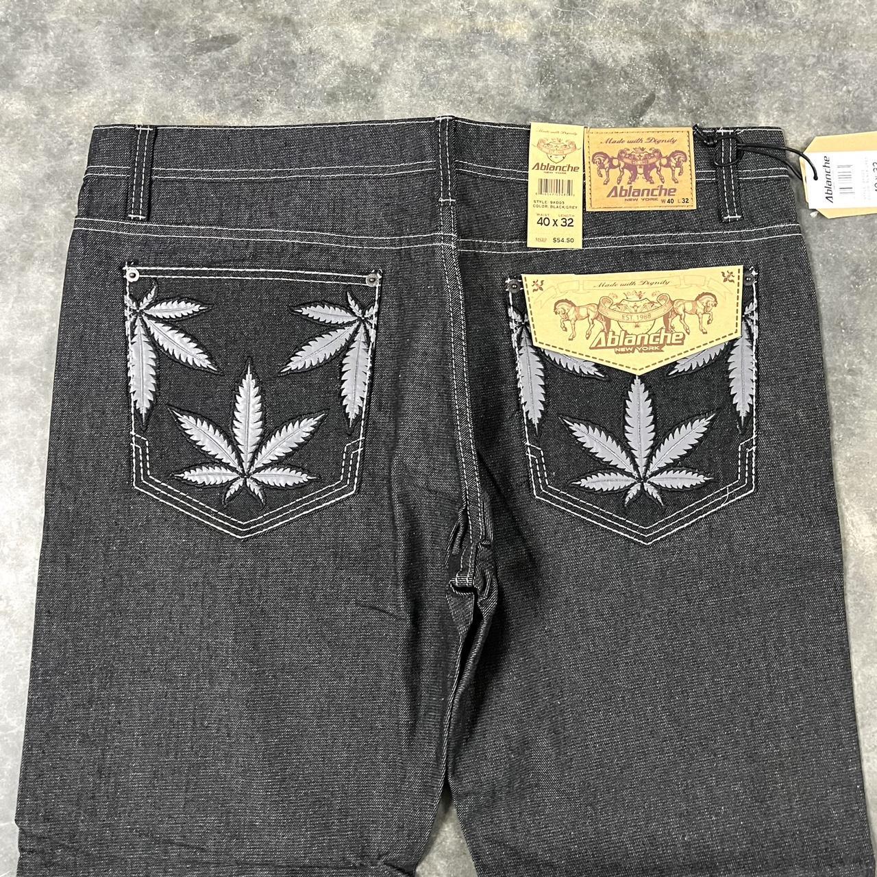 Y2K 2000s Weed Leaf 420 Baggy Black Denim Jeans New... - Depop