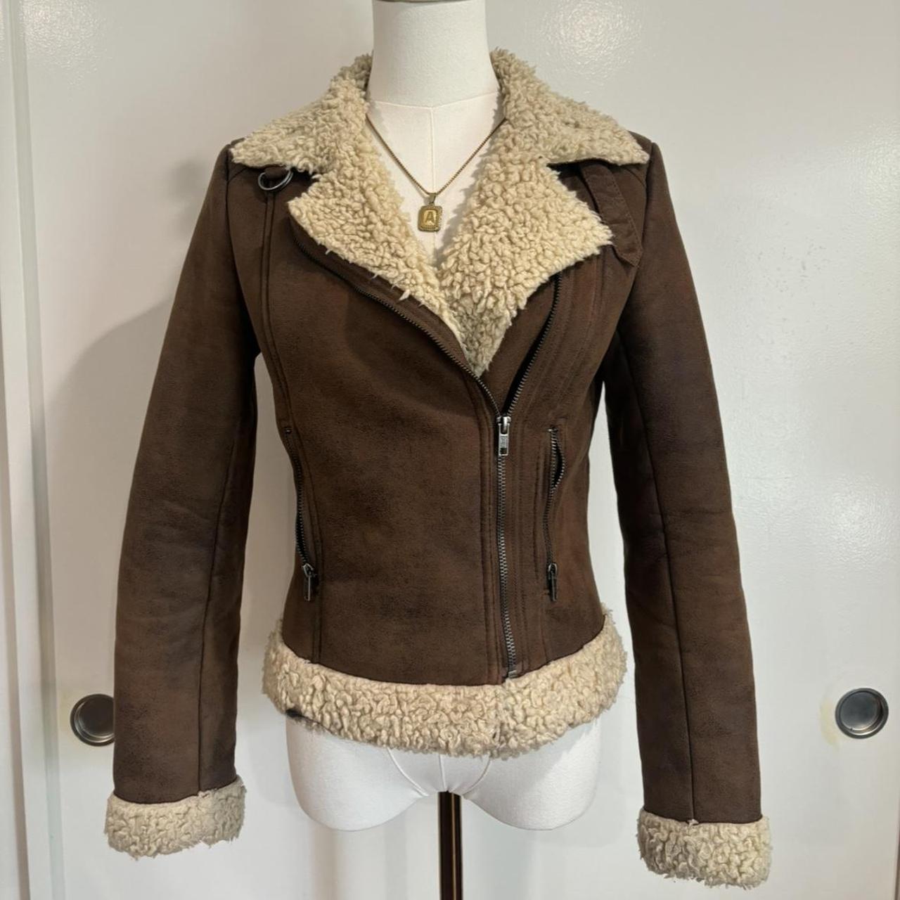Brown & tan faux shearling biker jacket with faux... | Depop