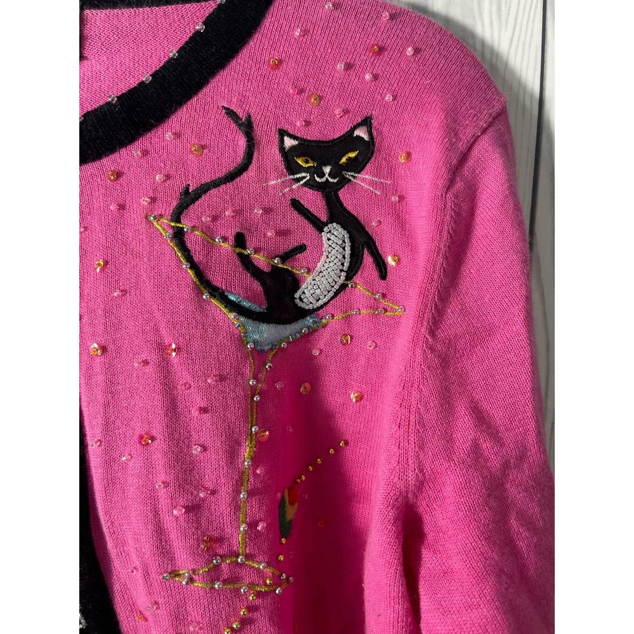 Vintage Berek Cats and Cocktails Pink Sweater... - Depop