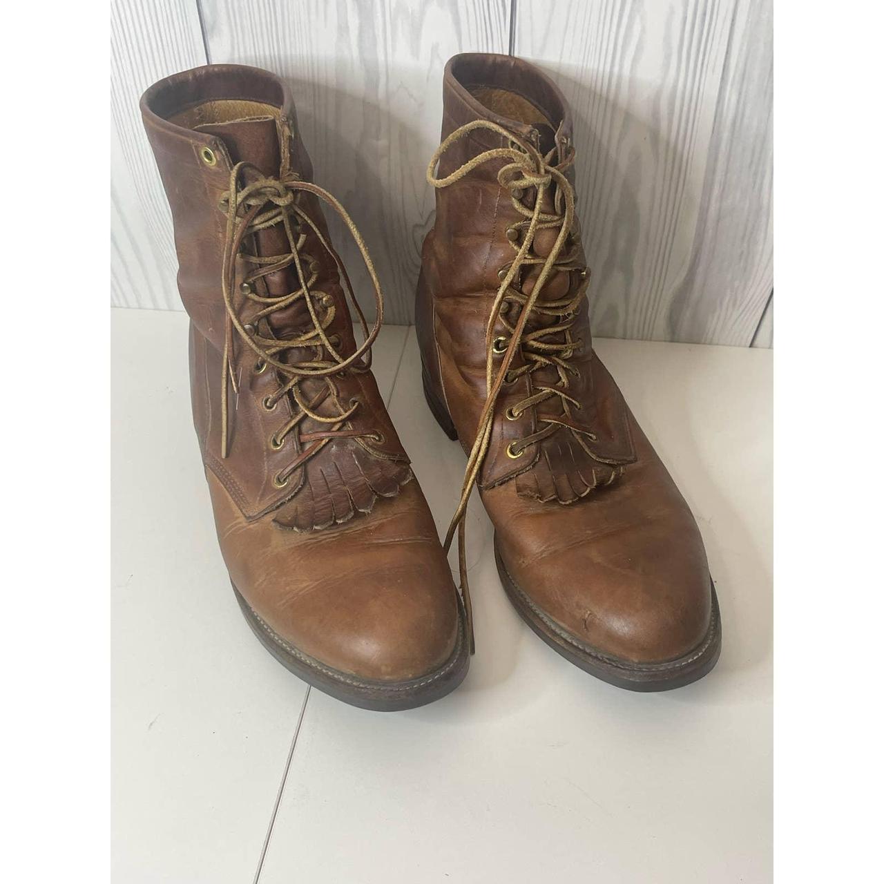 Vtg Justin Men's Brown Distressed Leather Lacer... - Depop