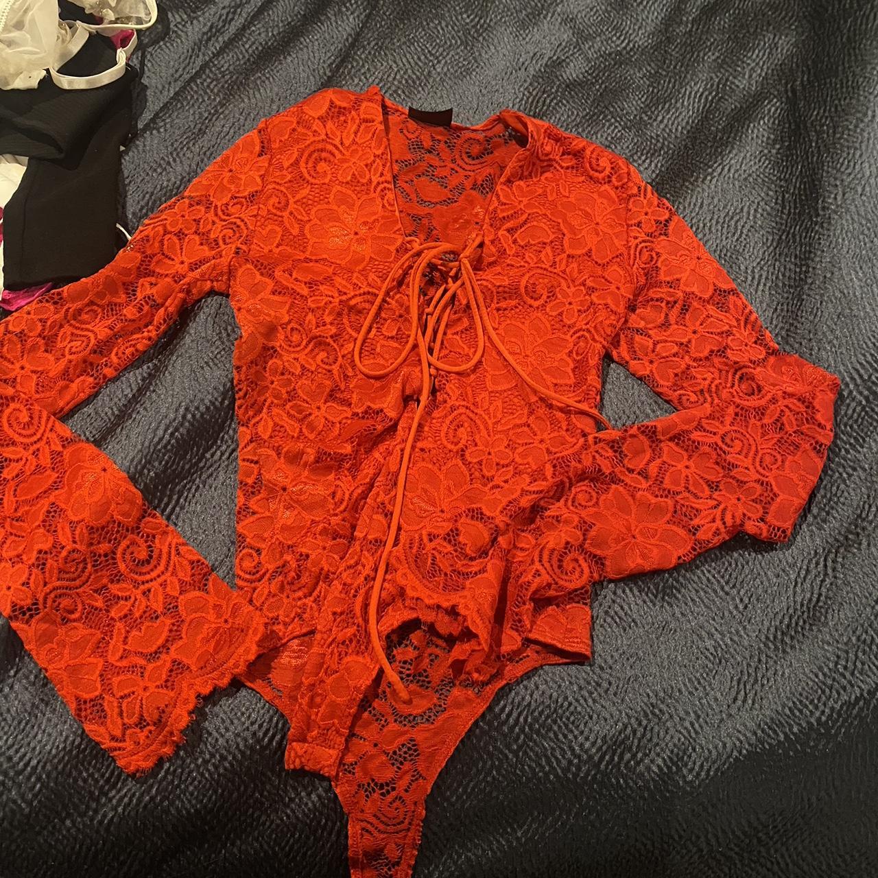 XS red lace long sleeve bodysuit Worn once in... - Depop