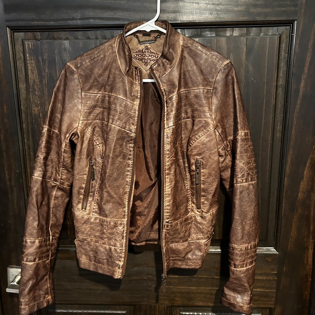 Women’s brown faux leather rustic jacket - Depop