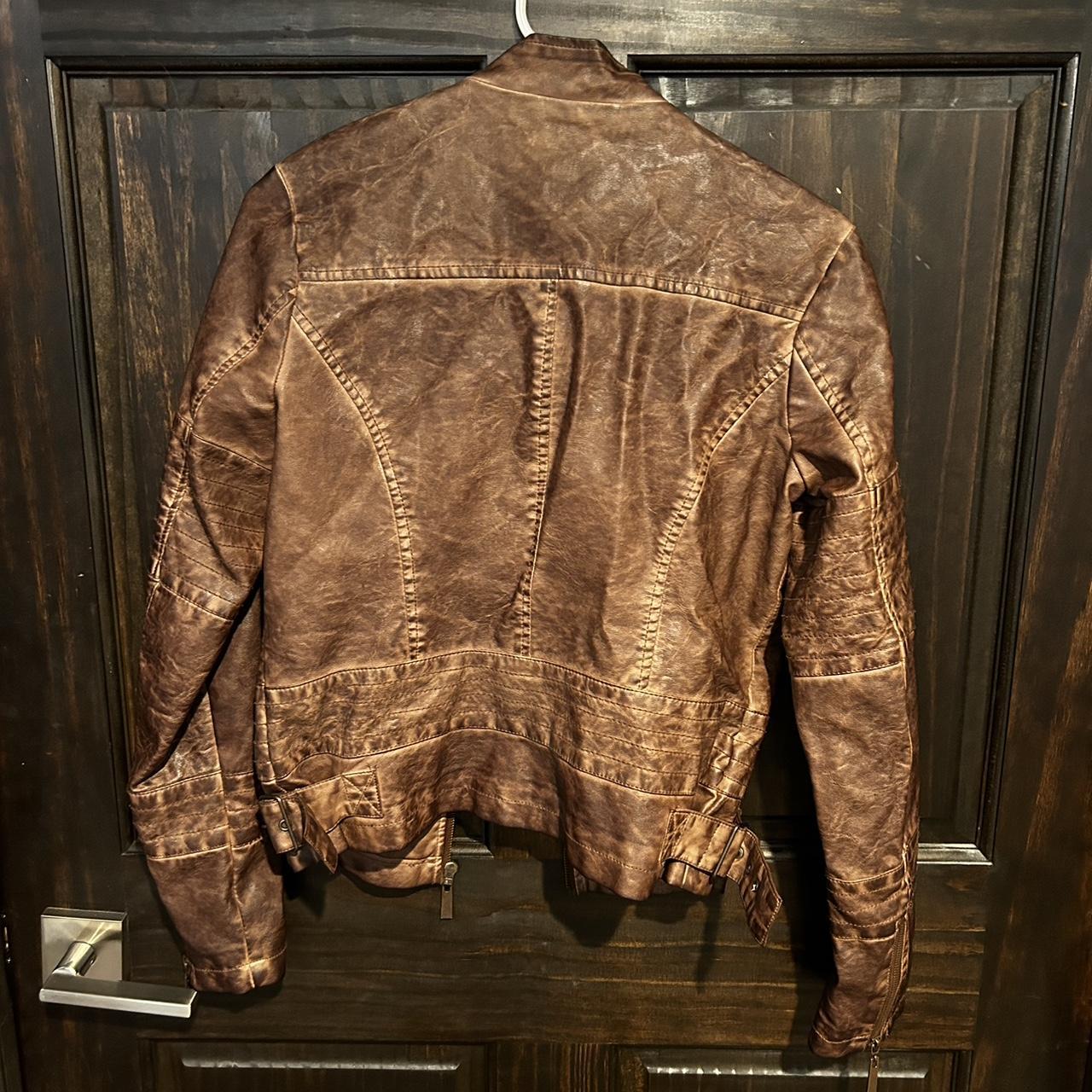 Women’s brown faux leather rustic jacket - Depop