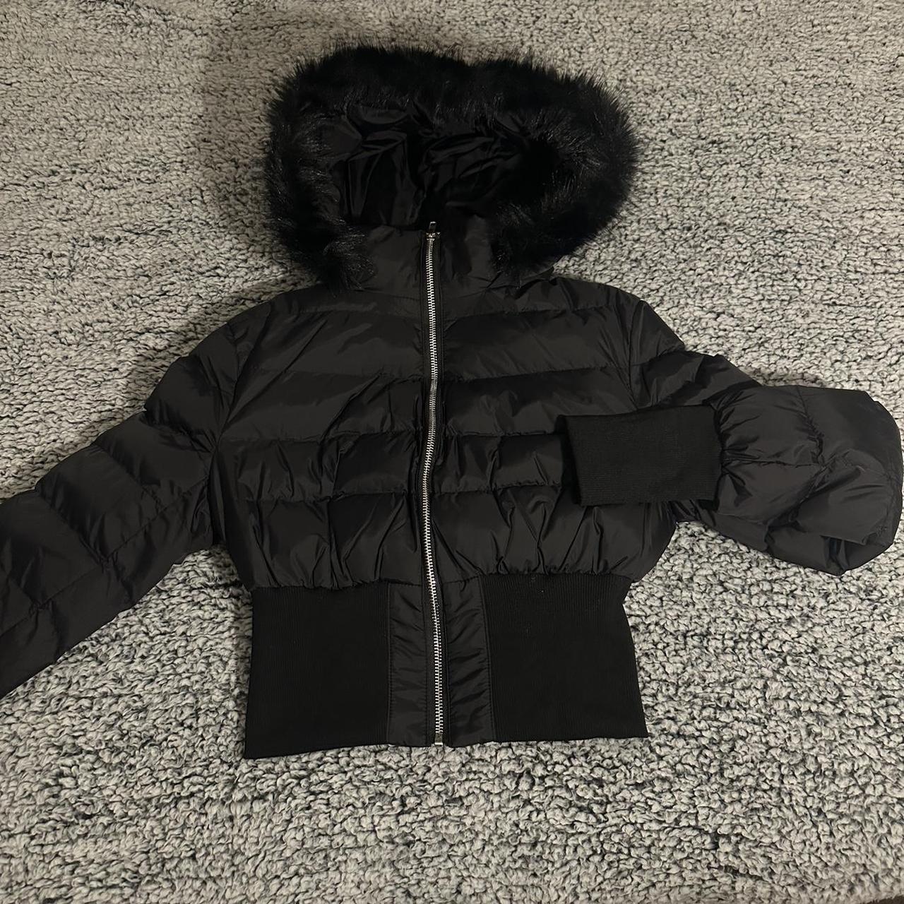fur hood y2k puffed and cropped jacket brand new... - Depop