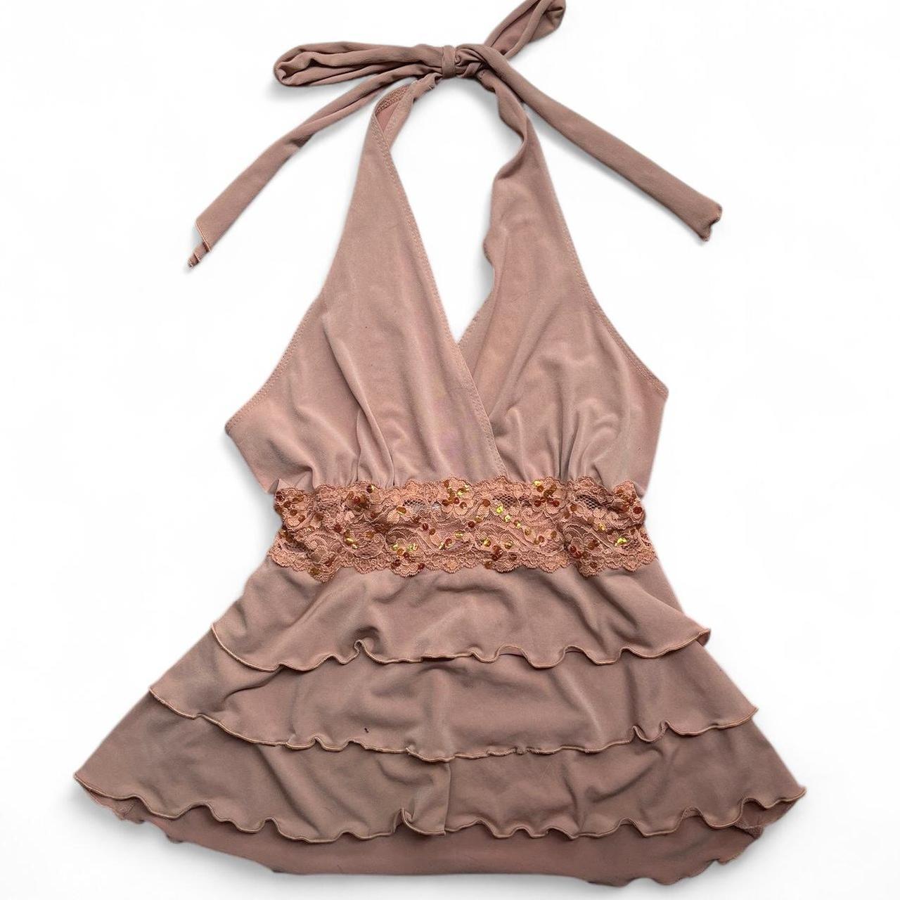 vintage Y2K ruffled halter top with lace and sequin... | Depop