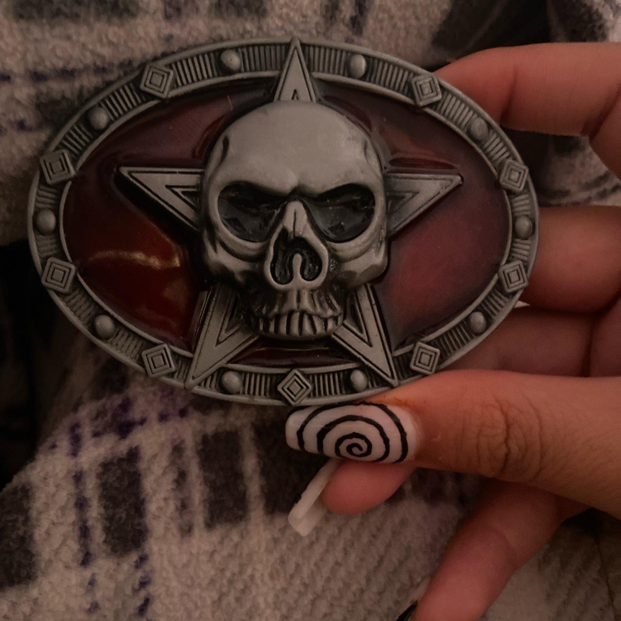 #Affliction type belt buckle #star #skull red and... - Depop