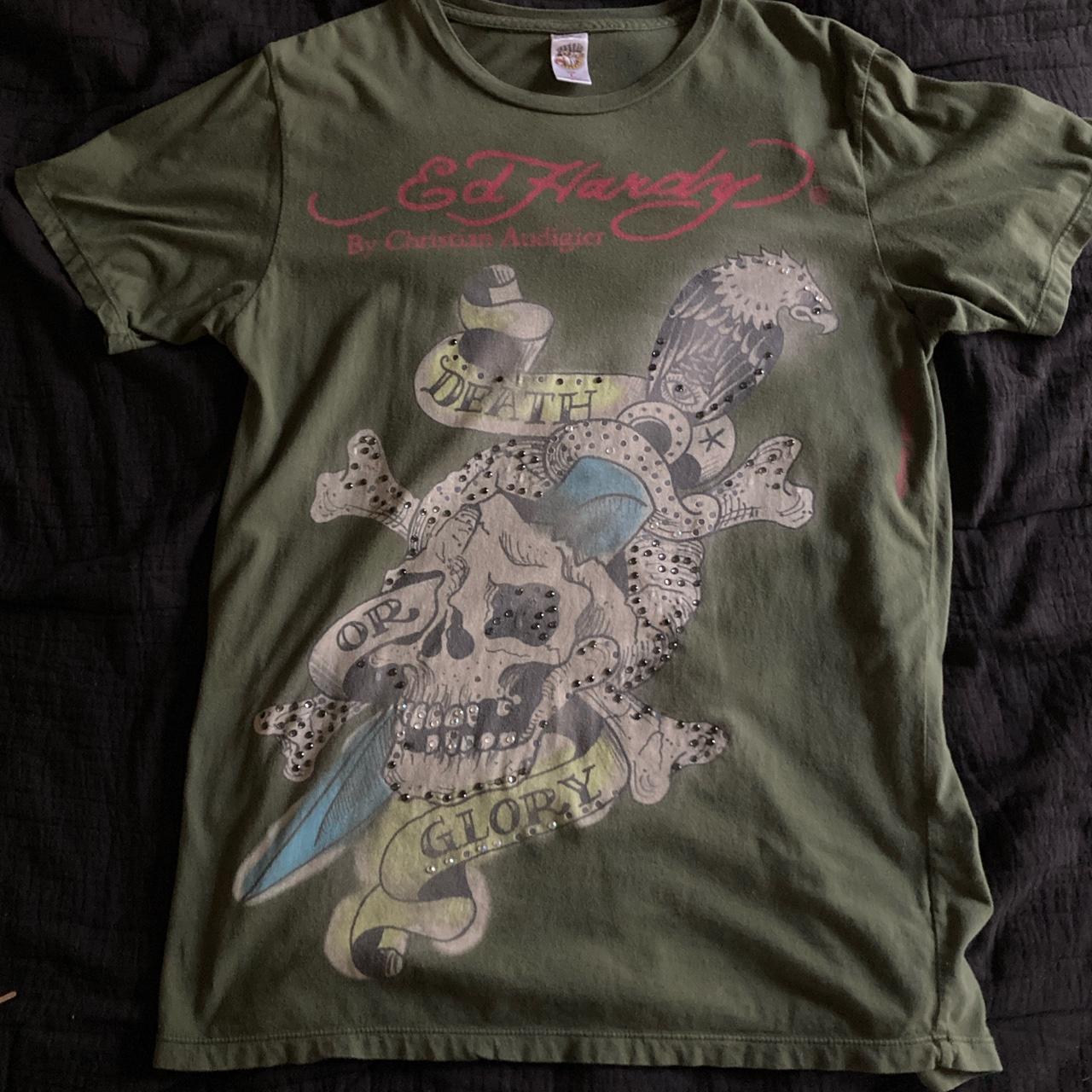 green ed hardy shirt w rhinestones good condition... - Depop