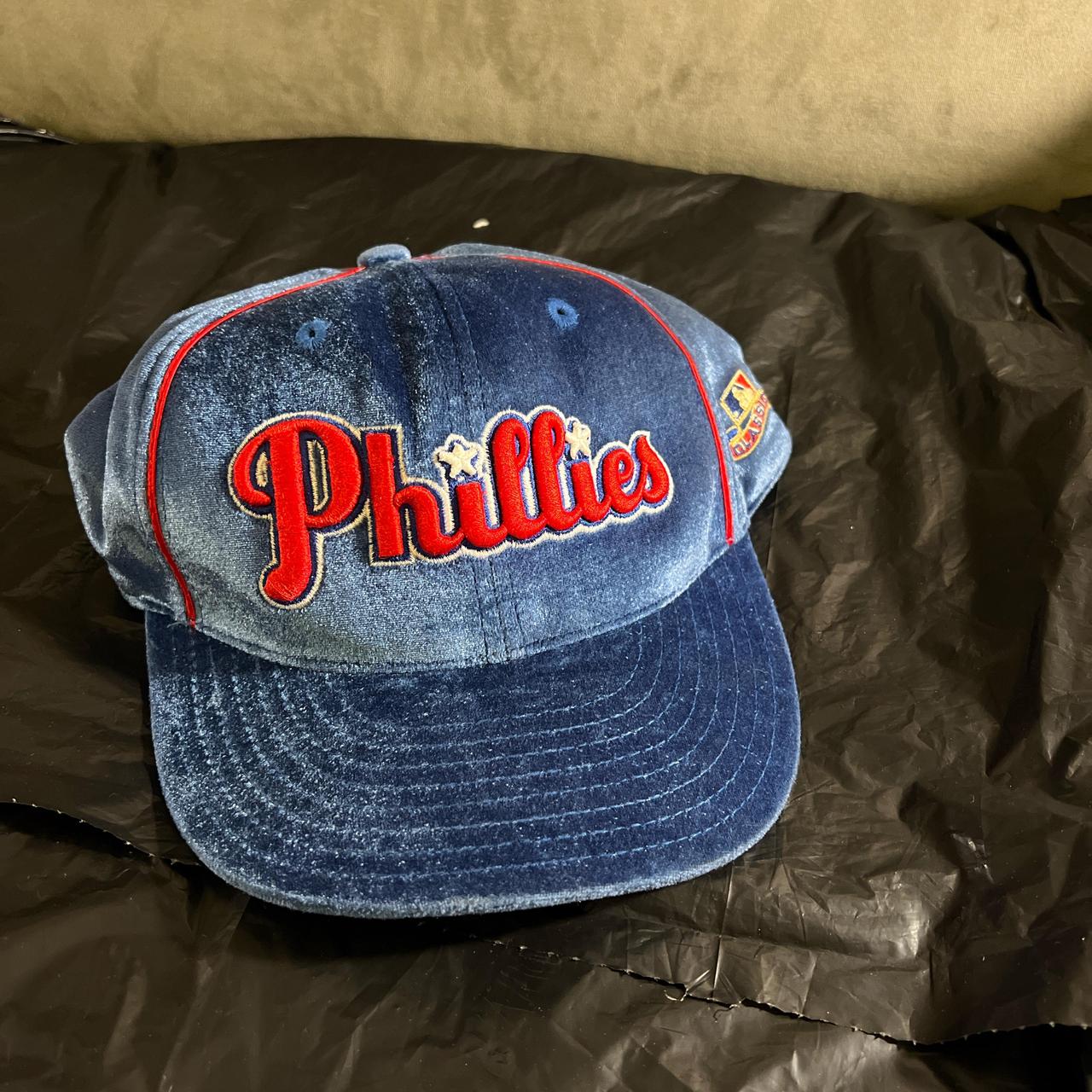 Vintage Blue velvet Phillies fitted cap with red... - Depop