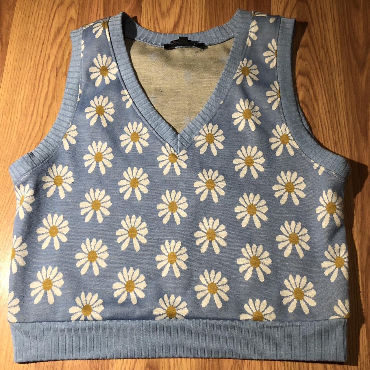 super cute blue flower sweater vest! size: XL (can... - Depop