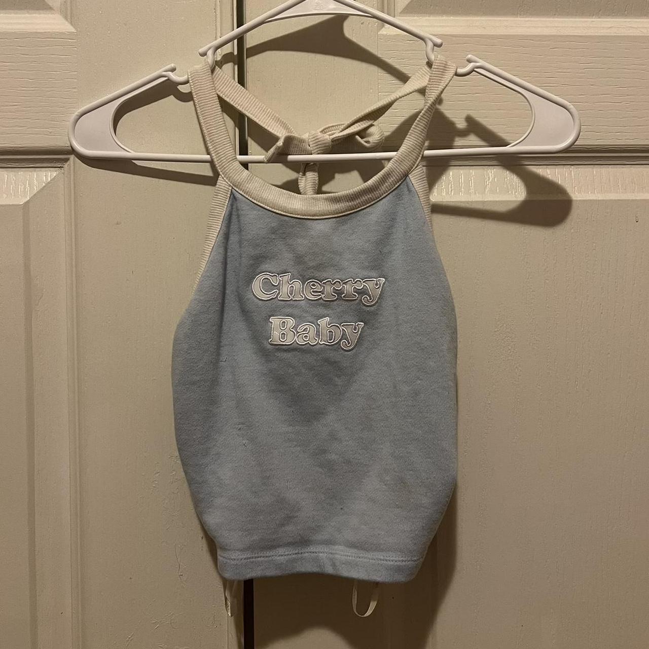 light blue cherry baby tank top with tie super cute... - Depop