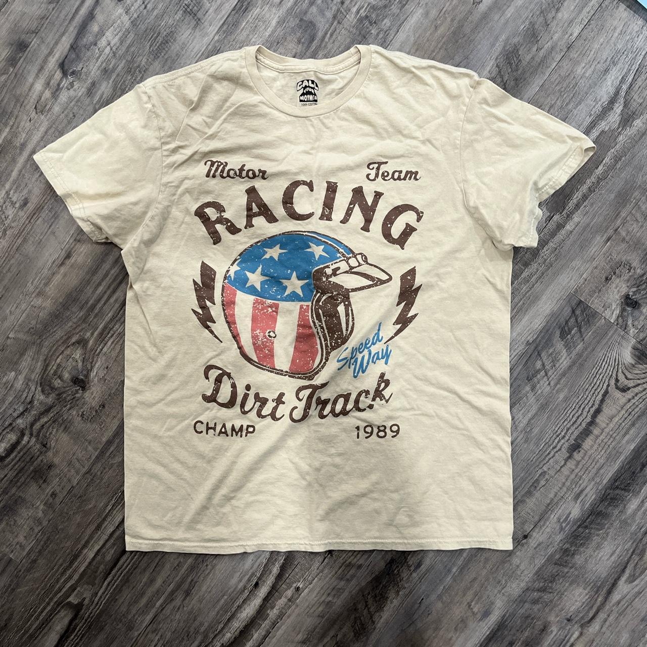 LARGE Tan graphic tee - Racing - Depop