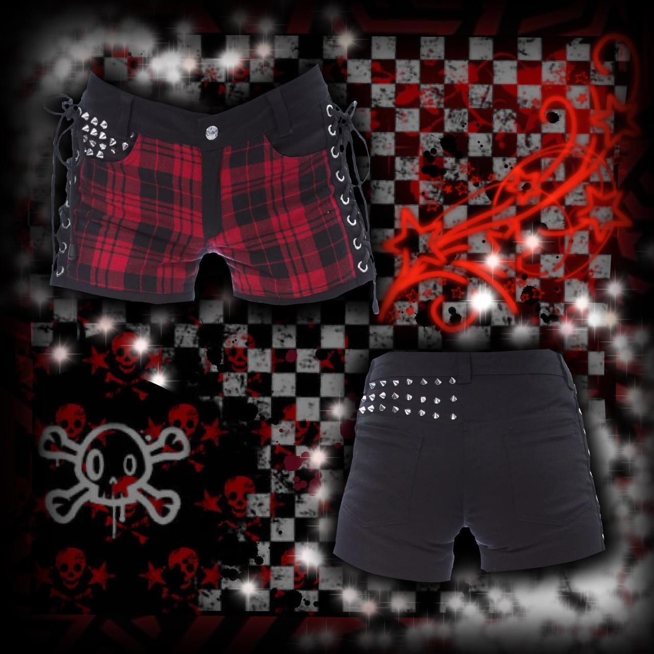 Red Studded Plaid Tartan Shorts Heartless Punk Rock... - Depop