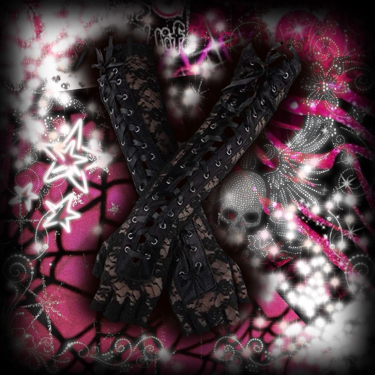 Black Ribbon Lace Goth Arm Warmers Gloves Emo Punk... - Depop