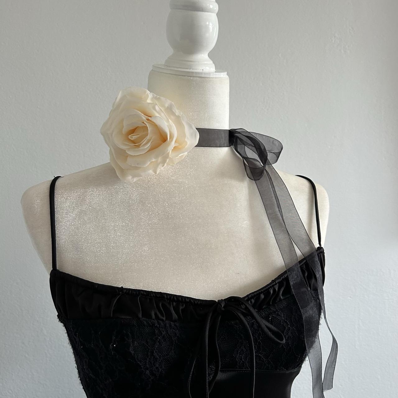 White rose and black ribbon choker necklace - Depop