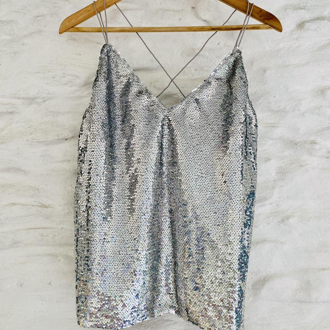 Silver Sequin Cami Top Decorated throughout with... - Depop