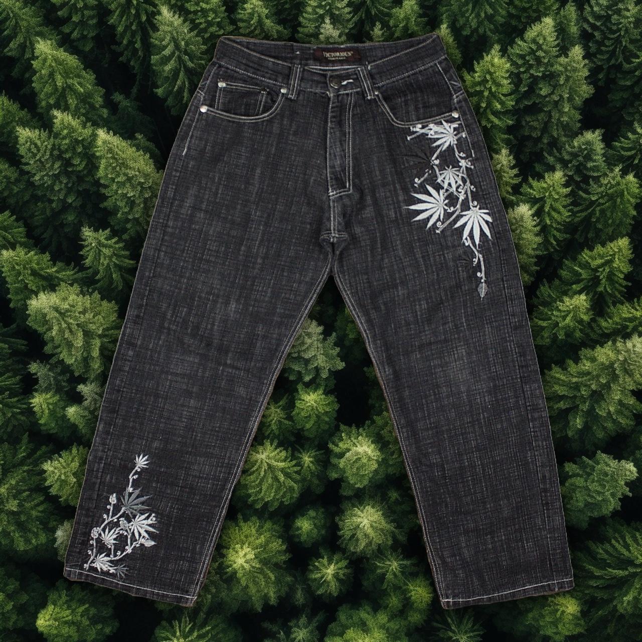VICTORIOUS EMBROIDERED WEED LEAF JEANS SIZE... - Depop