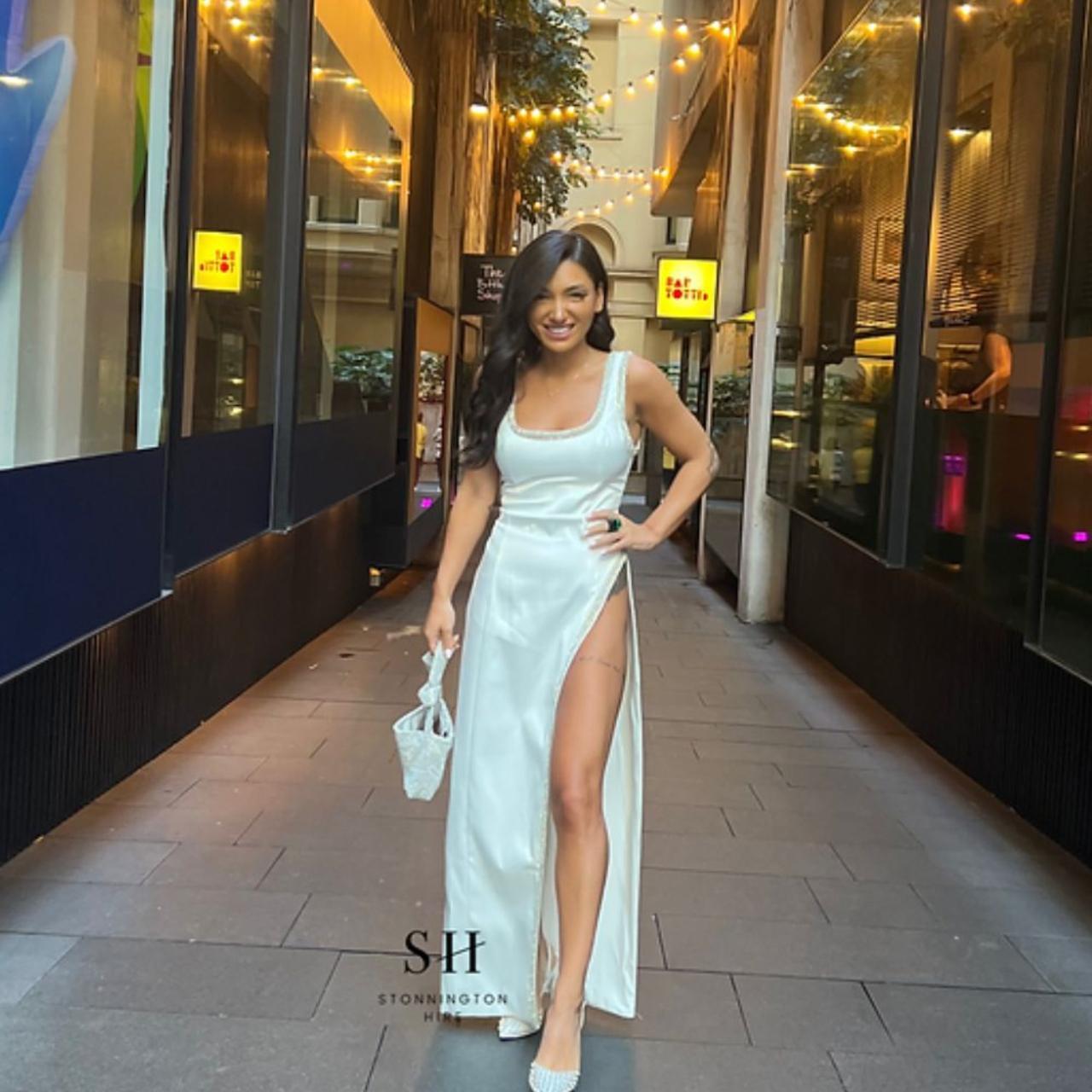 Meshki Diamante Trim High Split Midi Dress in... - Depop