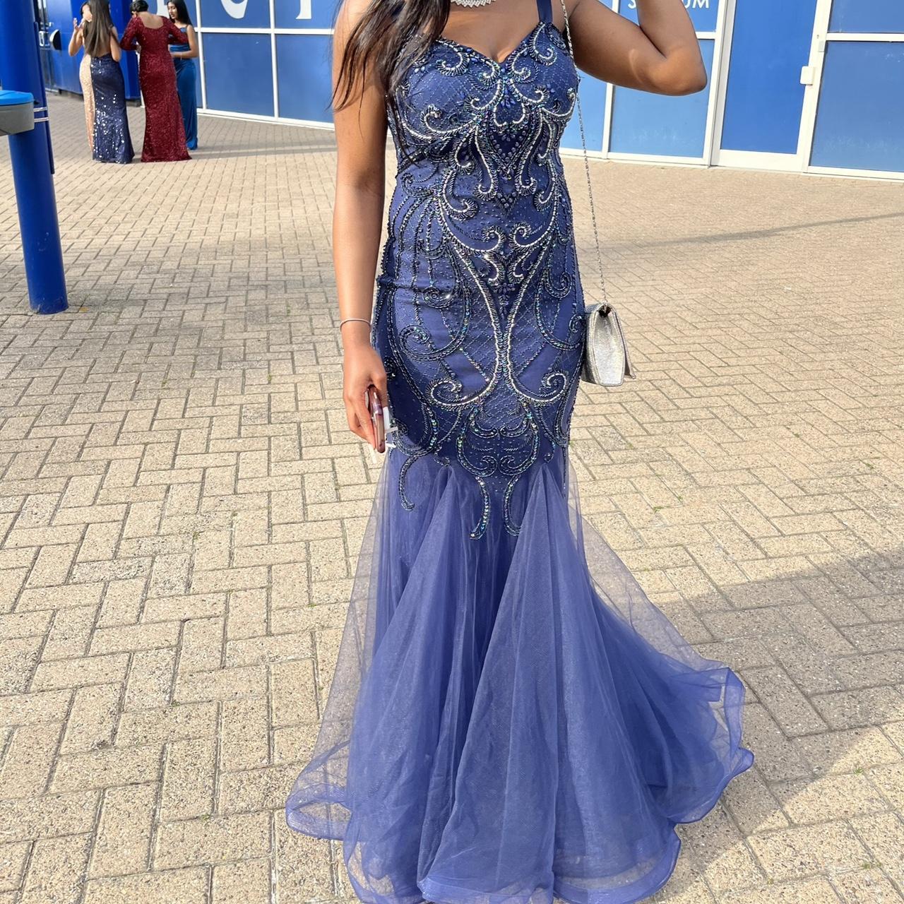 Navy Blue Fishtail Prom dress with a sparkling pattern - Depop