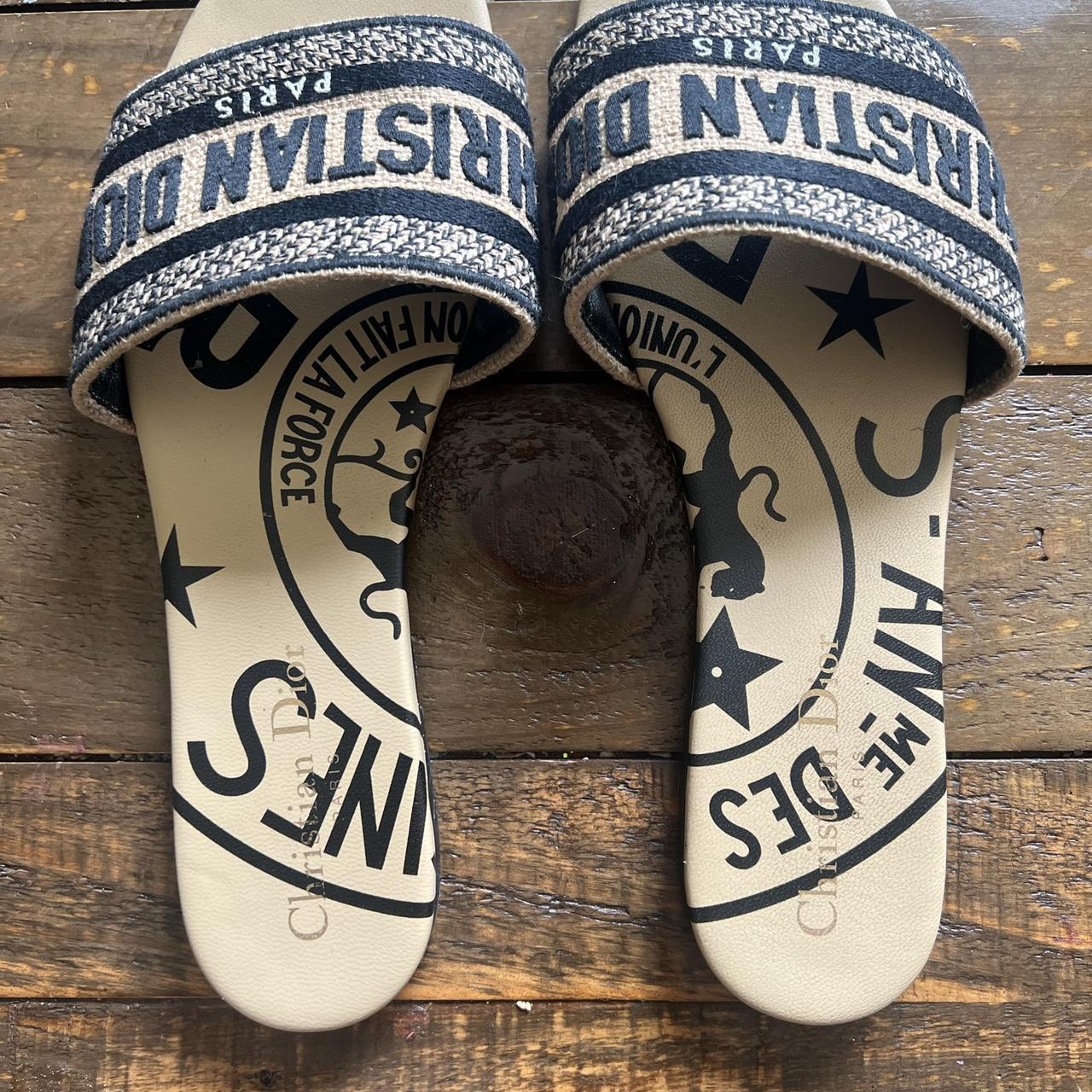 Christian Dior Women's Black and Cream Slides | Depop